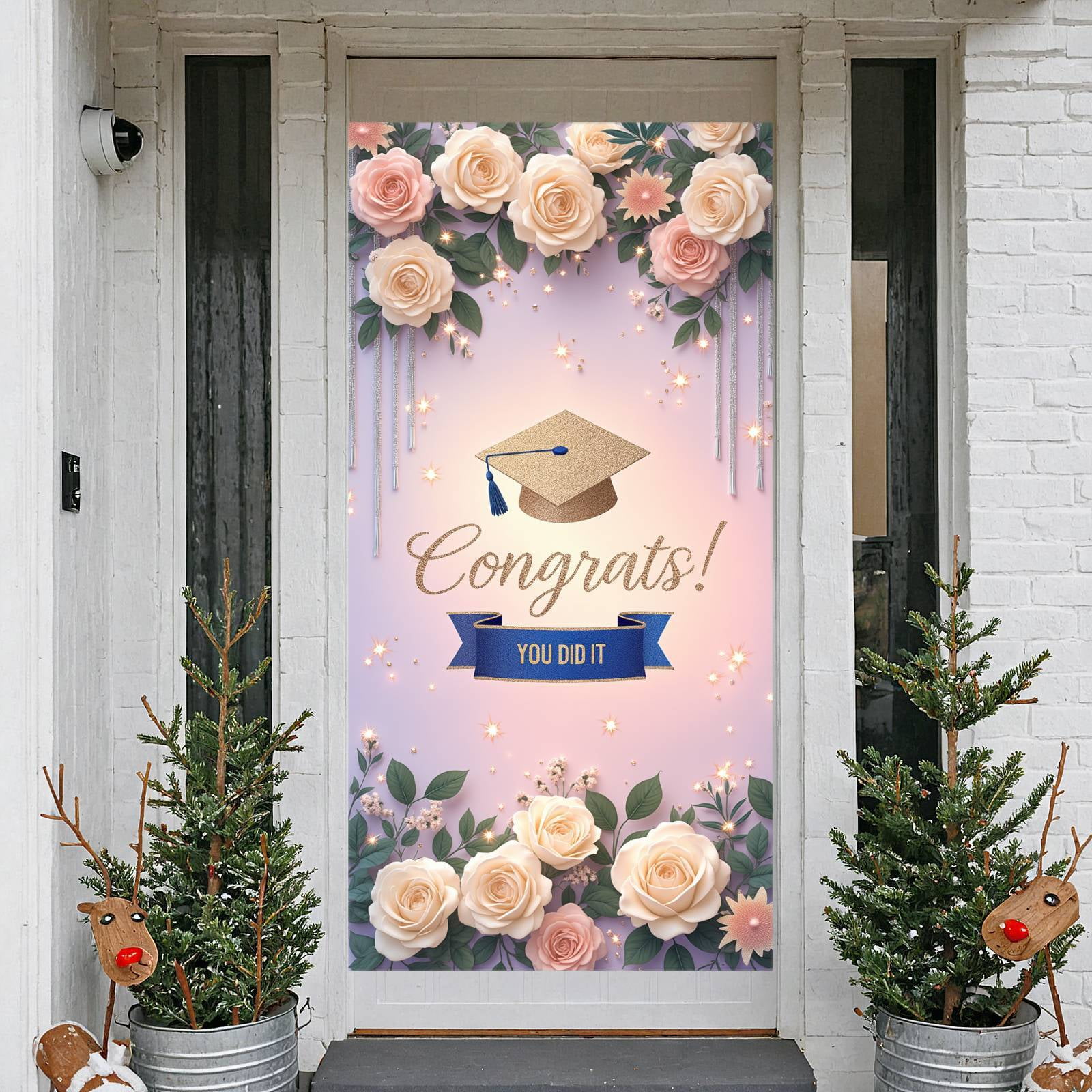 Golden Grad Cap Graduation Banner Pink Beige Roses Congrats Display ...