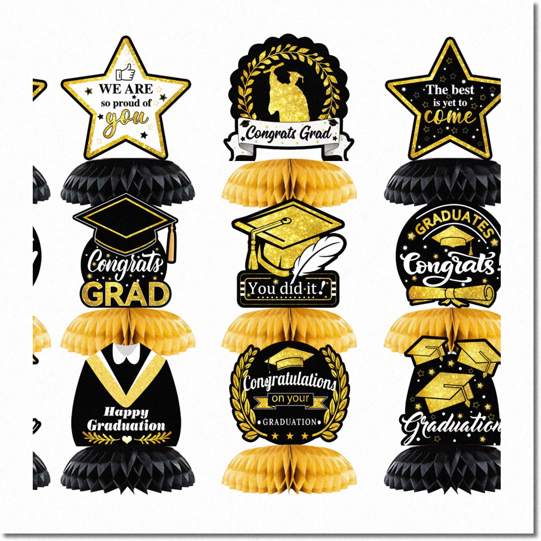 Golden Grad Celebration Kit - 9Pcs Honeycomb Table Centerpieces for ...