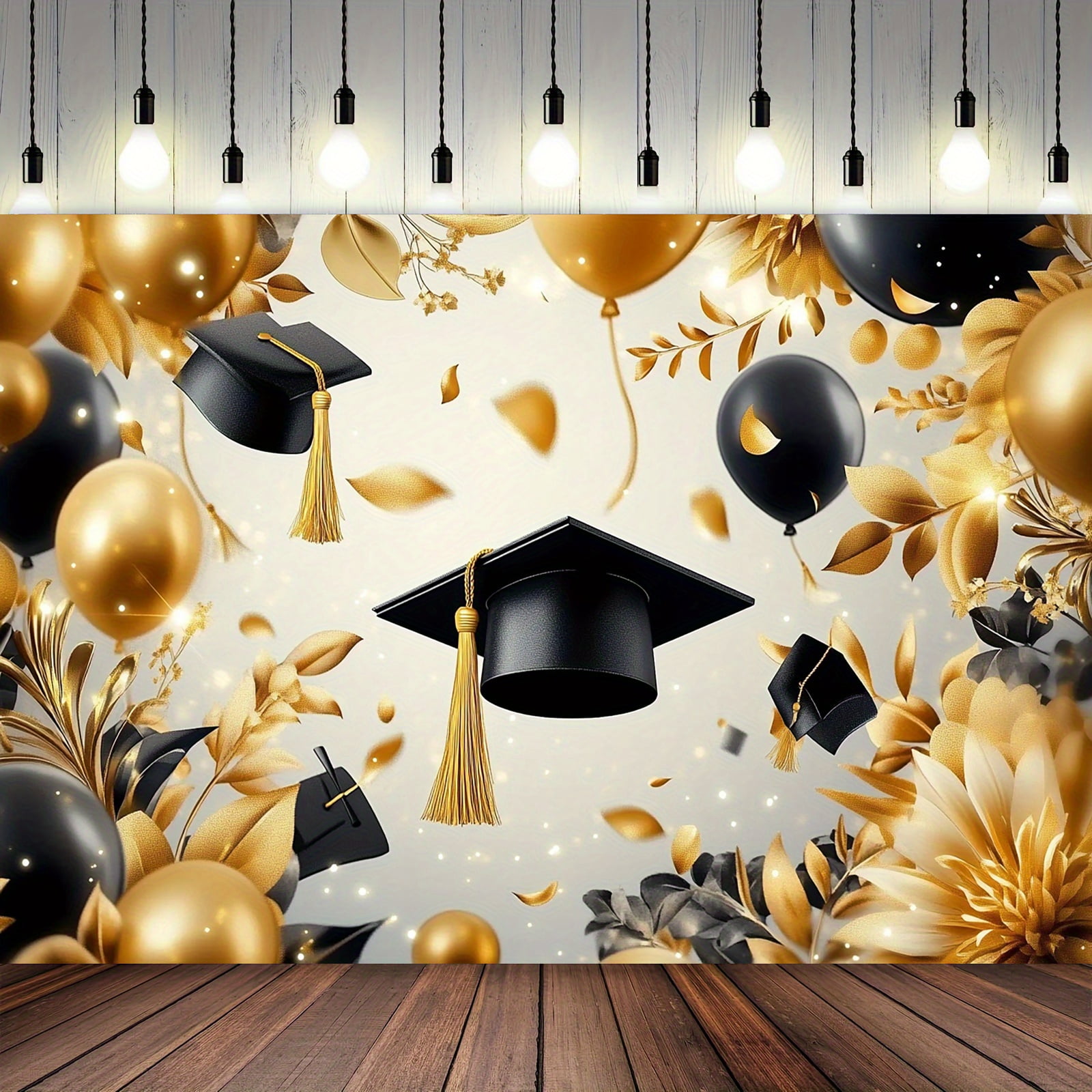 Golden Graduation Cap & Balloon Banner - Elegant Polyester Backdrop for ...