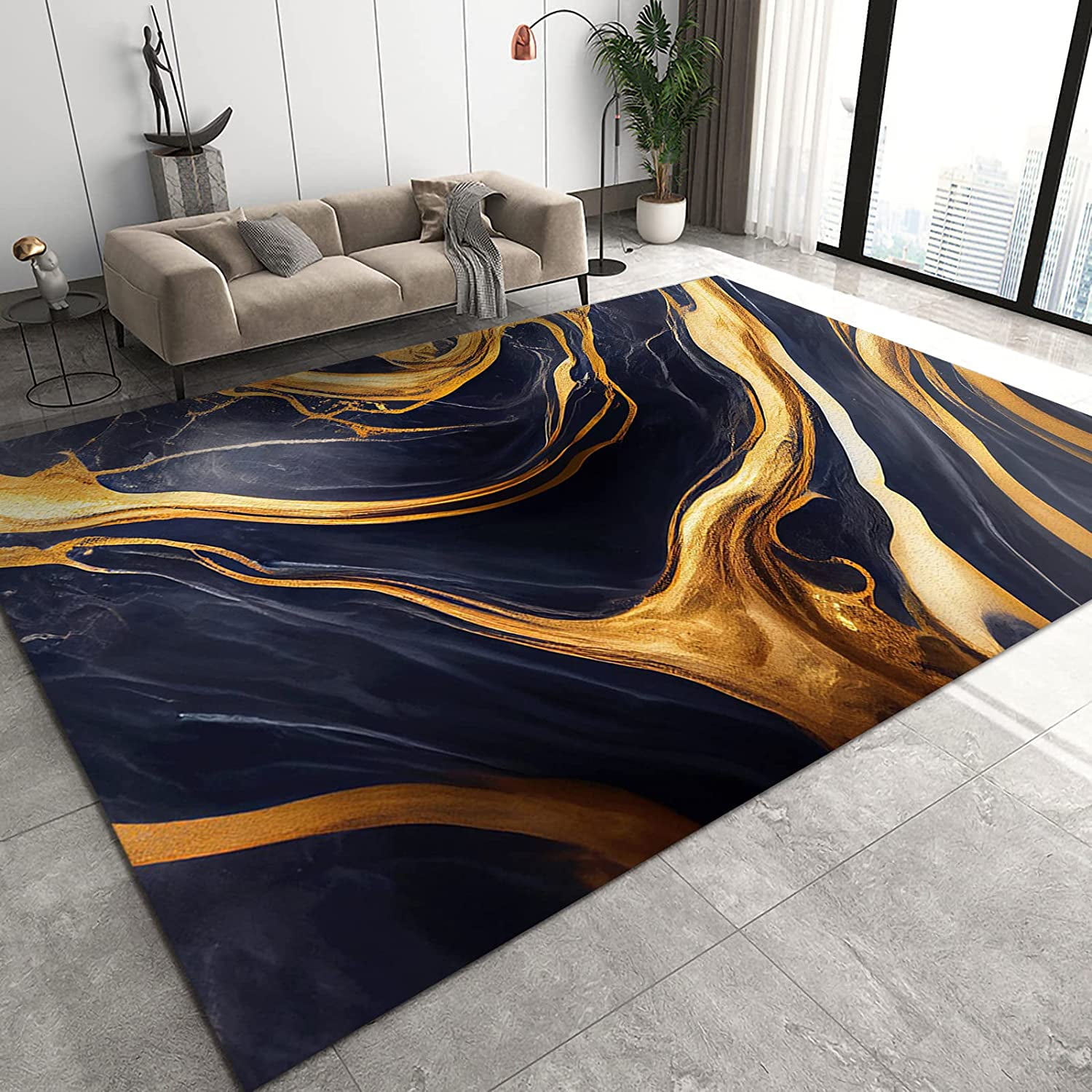 Golden Gray Marble Area Rugs, Yellow Flowing Oil Painting Apartment ...