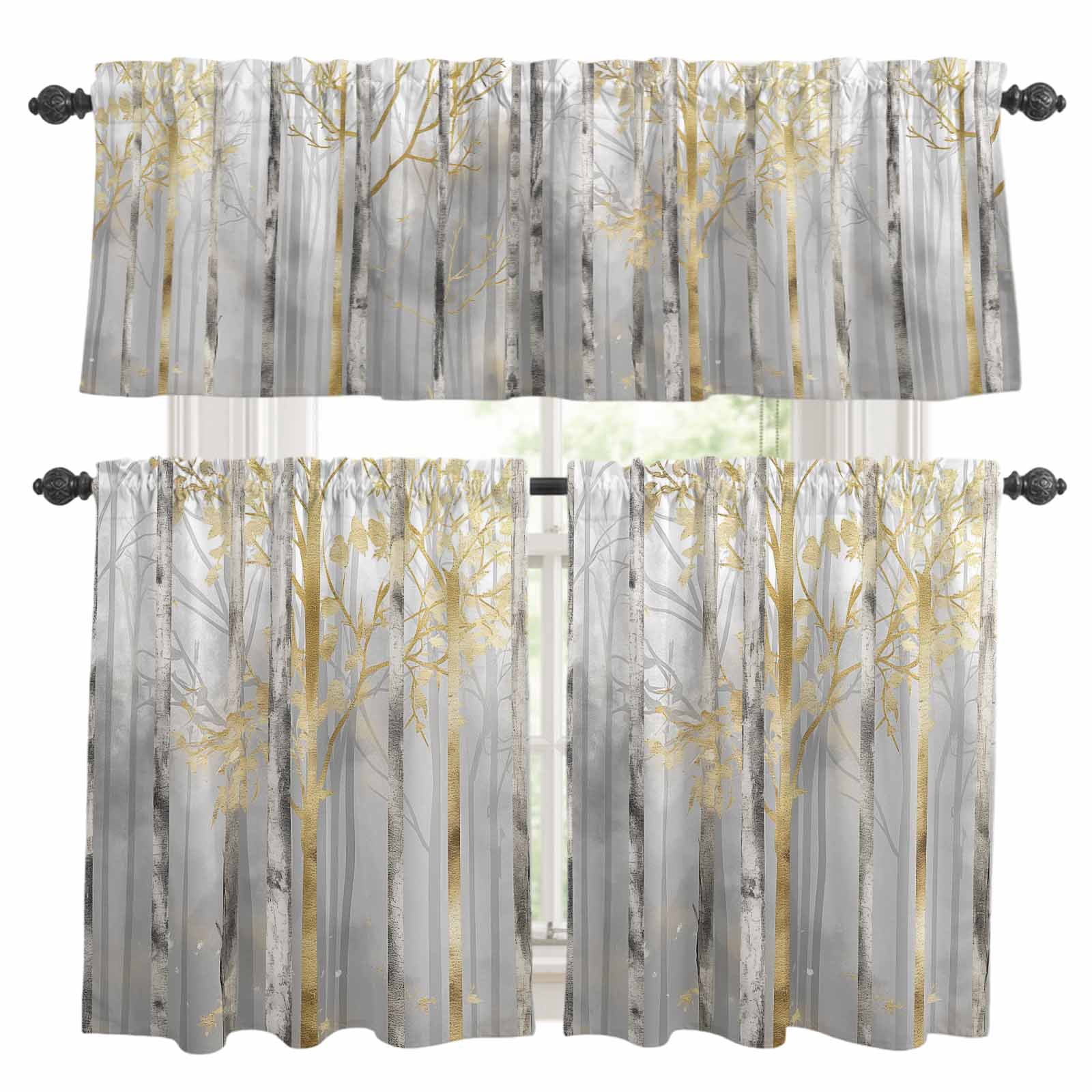 Golden Grey Tree Kitchen Curtains, Oil Painting Forest Abstract Art ...