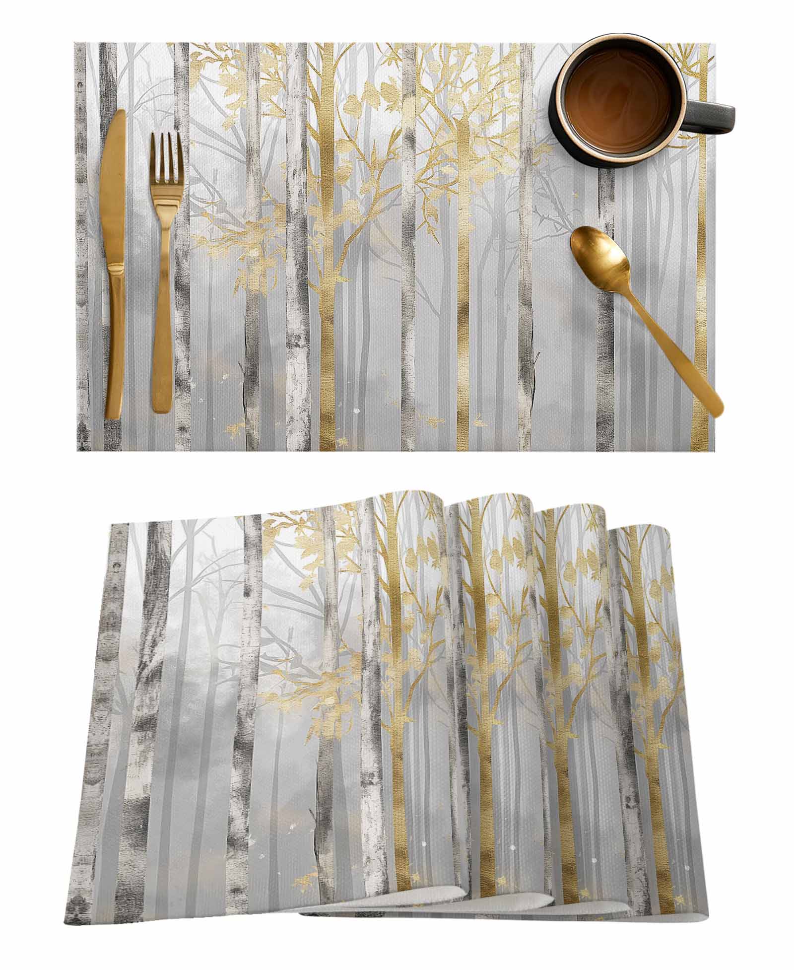 Golden Grey Tree Placemats Set of 6, Oil Painting Forest Abstract Art ...