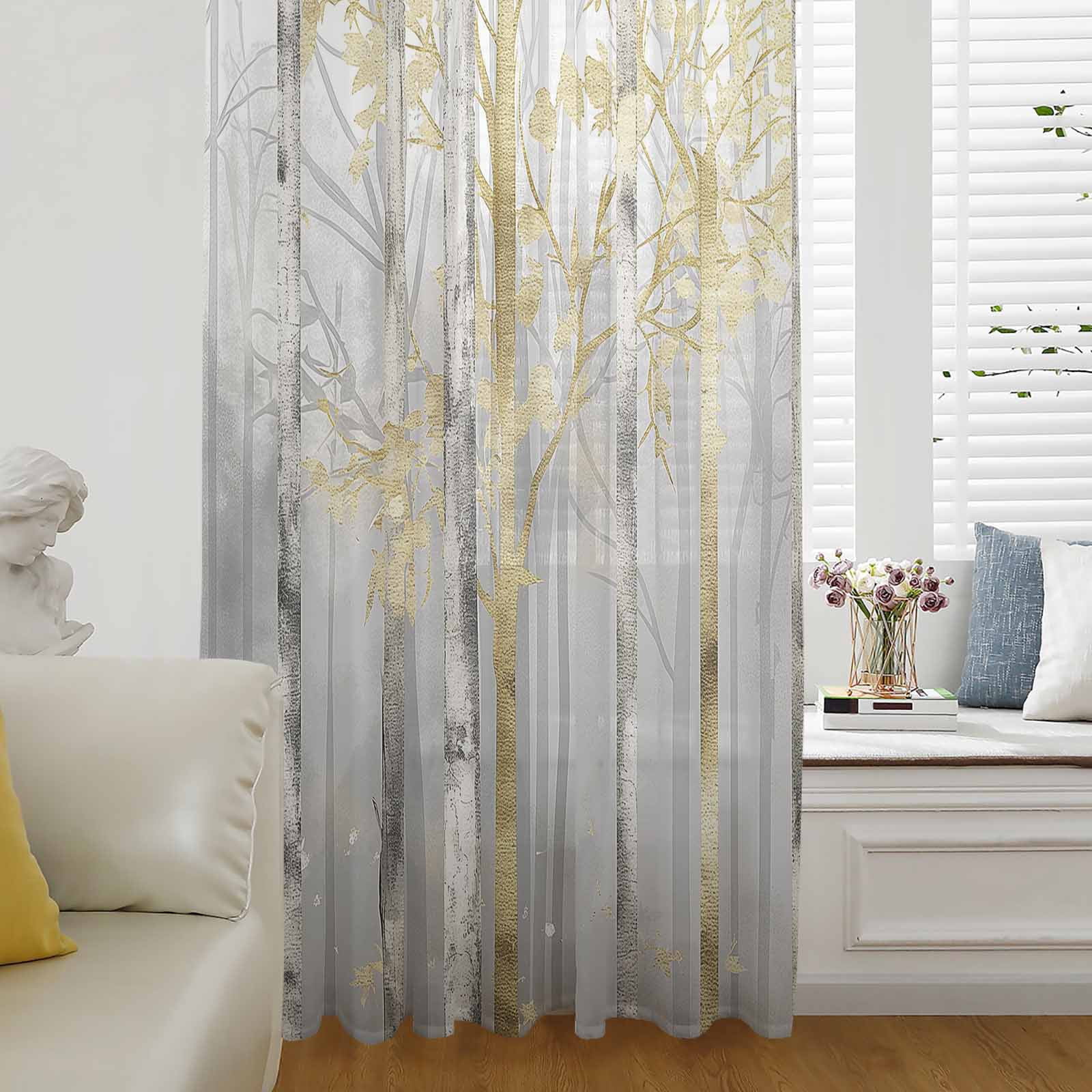 Golden Grey Tree Semi Sheer Curtains Drapes for Living Room, Bedroom ...