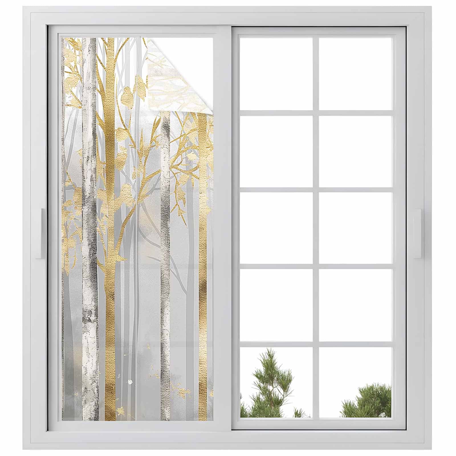 Golden Grey Tree Window Privacy Film, Oil Painting Forest Abstract Art ...