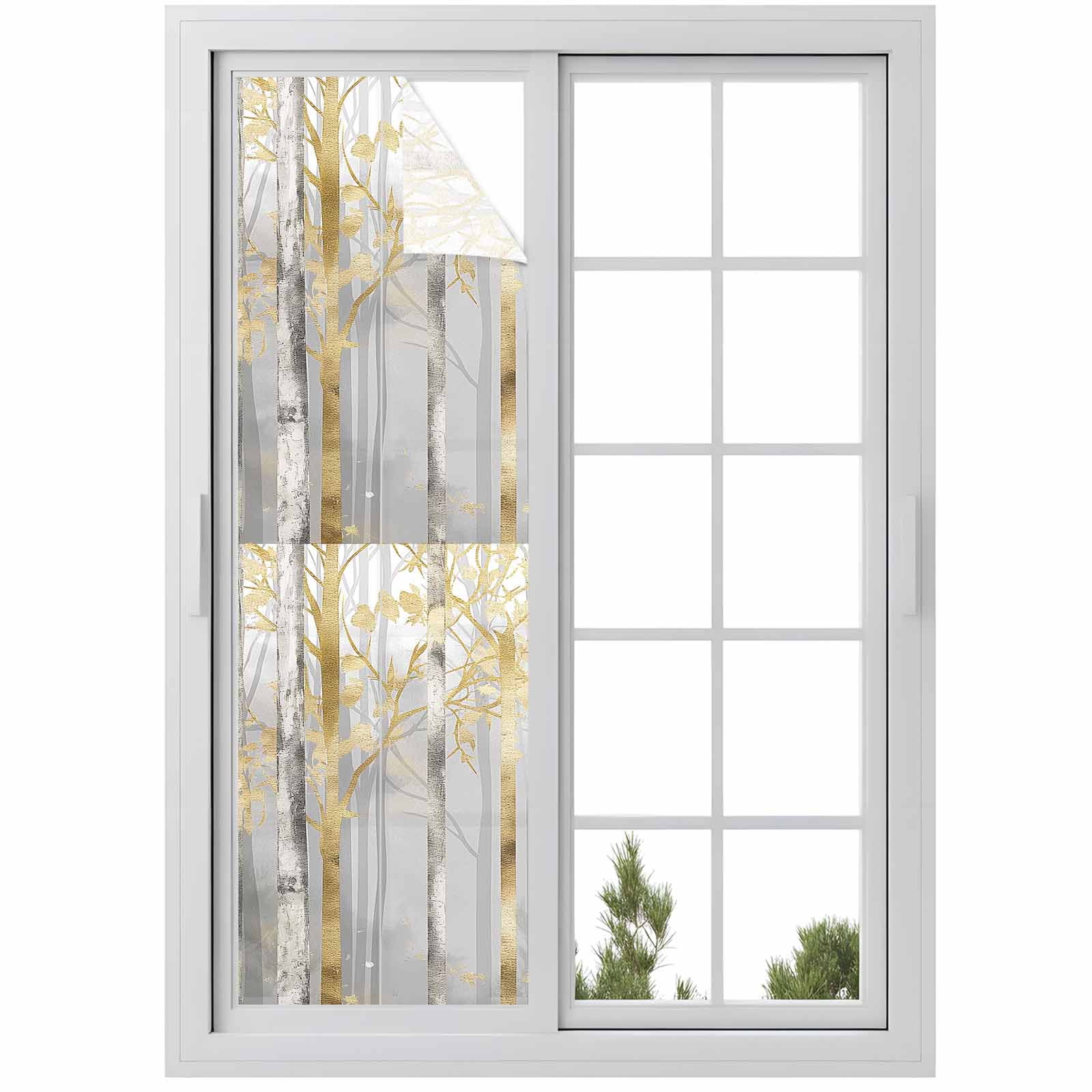 Golden Grey Tree Window Privacy Film, Oil Painting Forest Abstract Art ...