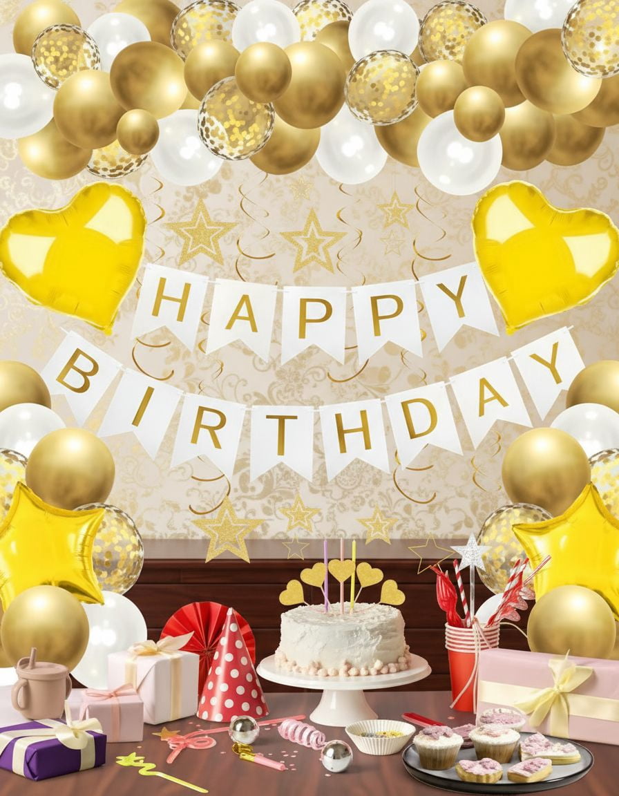 Golden Happy Birthday Party Decorations, Happy Birthday Banner, Gold ...