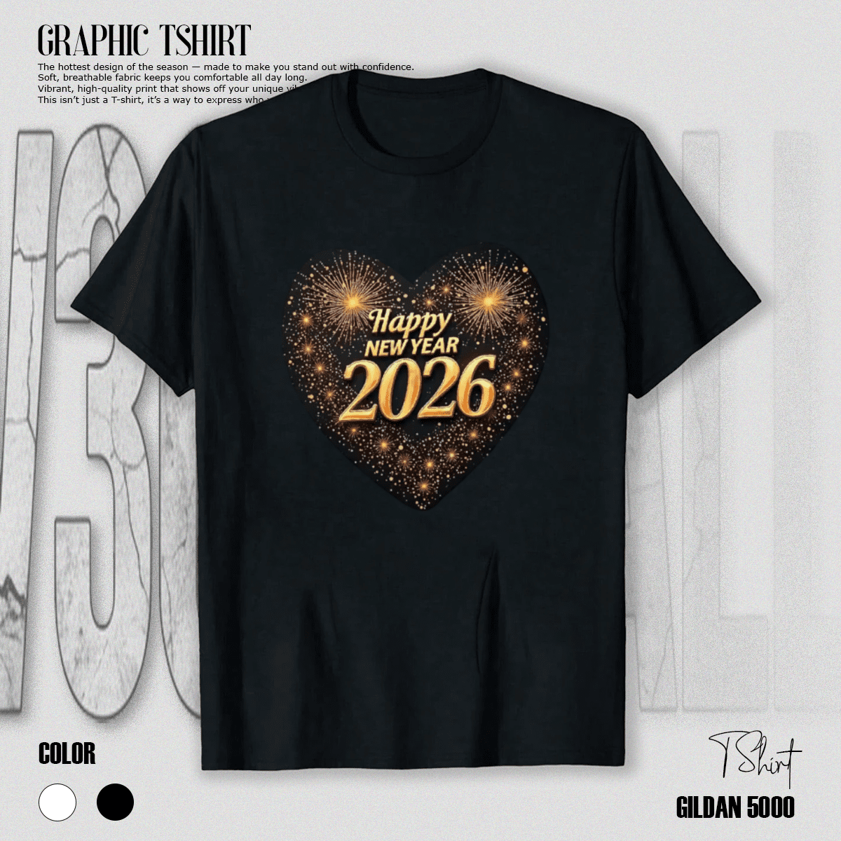 Golden Heart Fireworks Happy New Year 2026 Festive Holiday Fun Unisex T ...