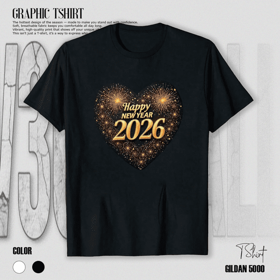 Golden Heart Fireworks Happy New Year 2026 Festive Holiday Fun Unisex T ...