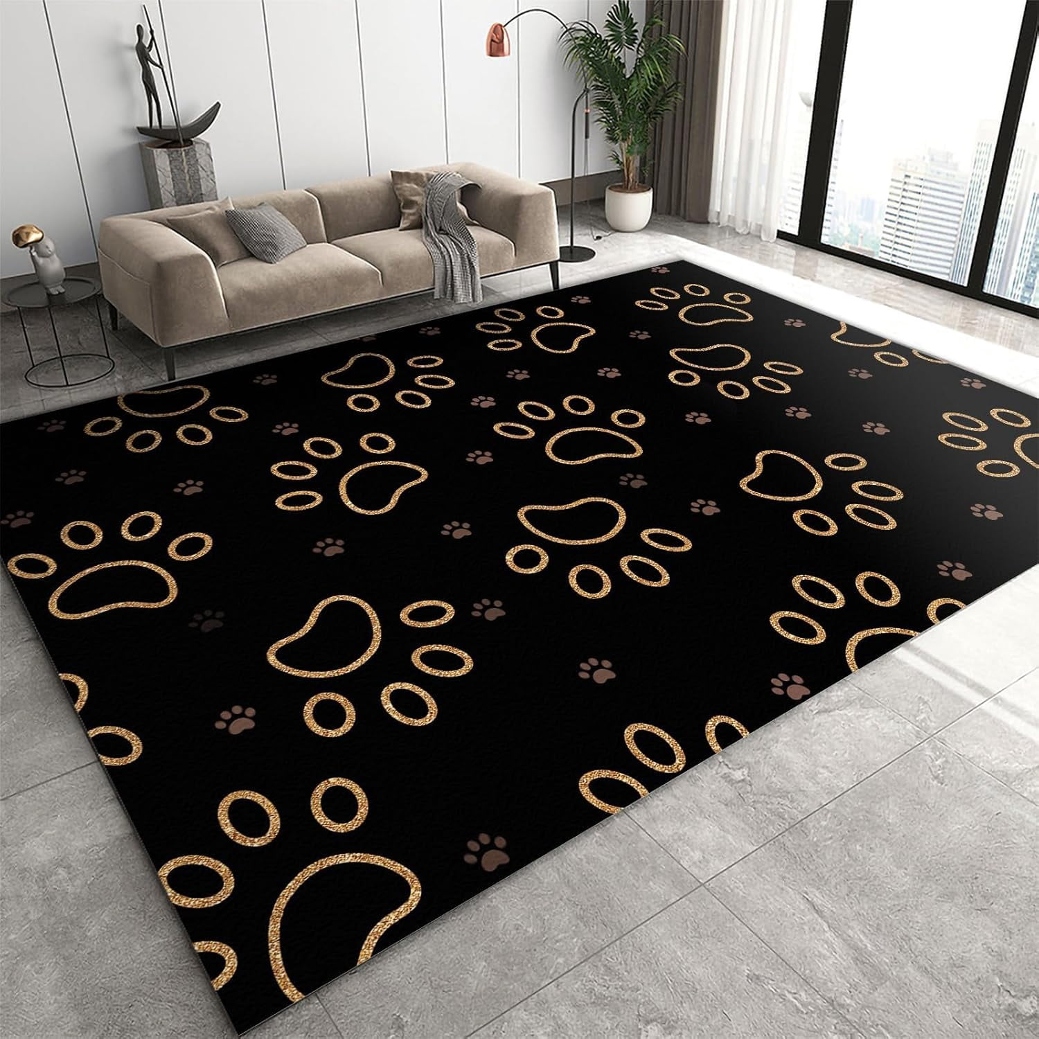 Golden Hollow Cat Paw Print Area Rug, Simple Pure Black Rug, Easy ...