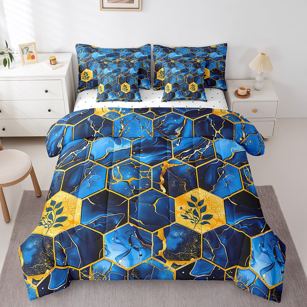 Golden Honeycomb Full Comforter Set - 7 Pieces Bed in a Bag Set,Blue ...
