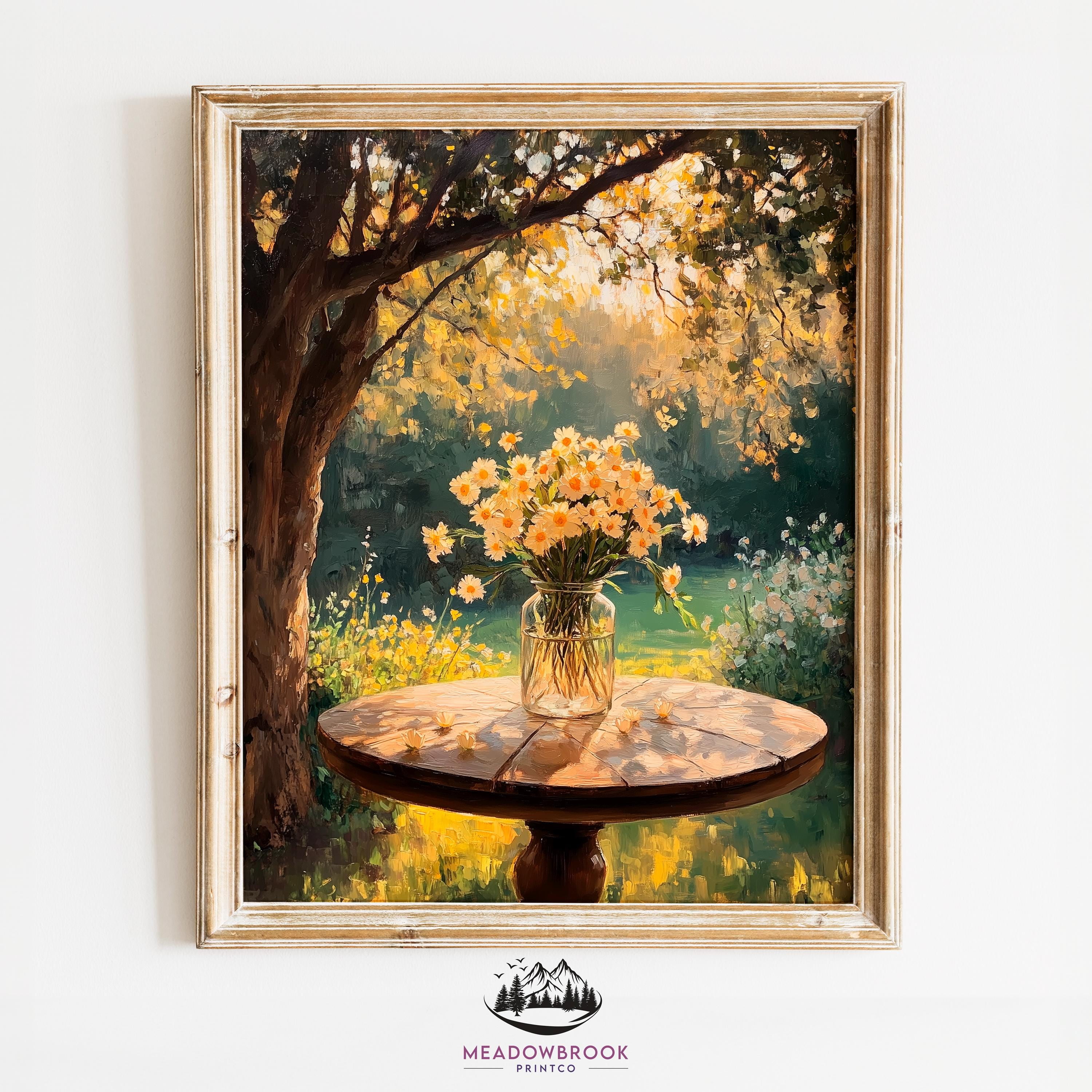 Golden Hour Garden Table - Vintage Style Oil Art, Rustic Outdoor Scene ...