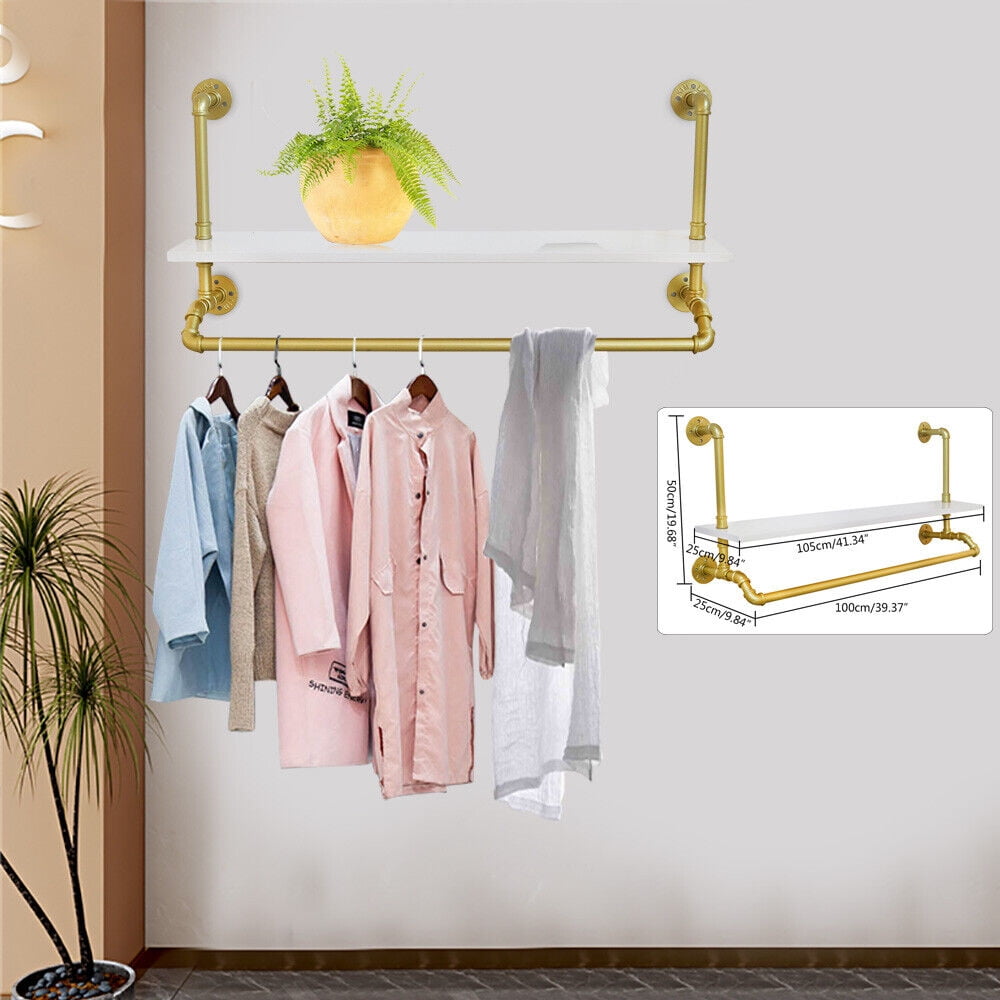 Golden Iron Pipes Clothes Hanging Rail Organizer Wall Mounted Garment ...