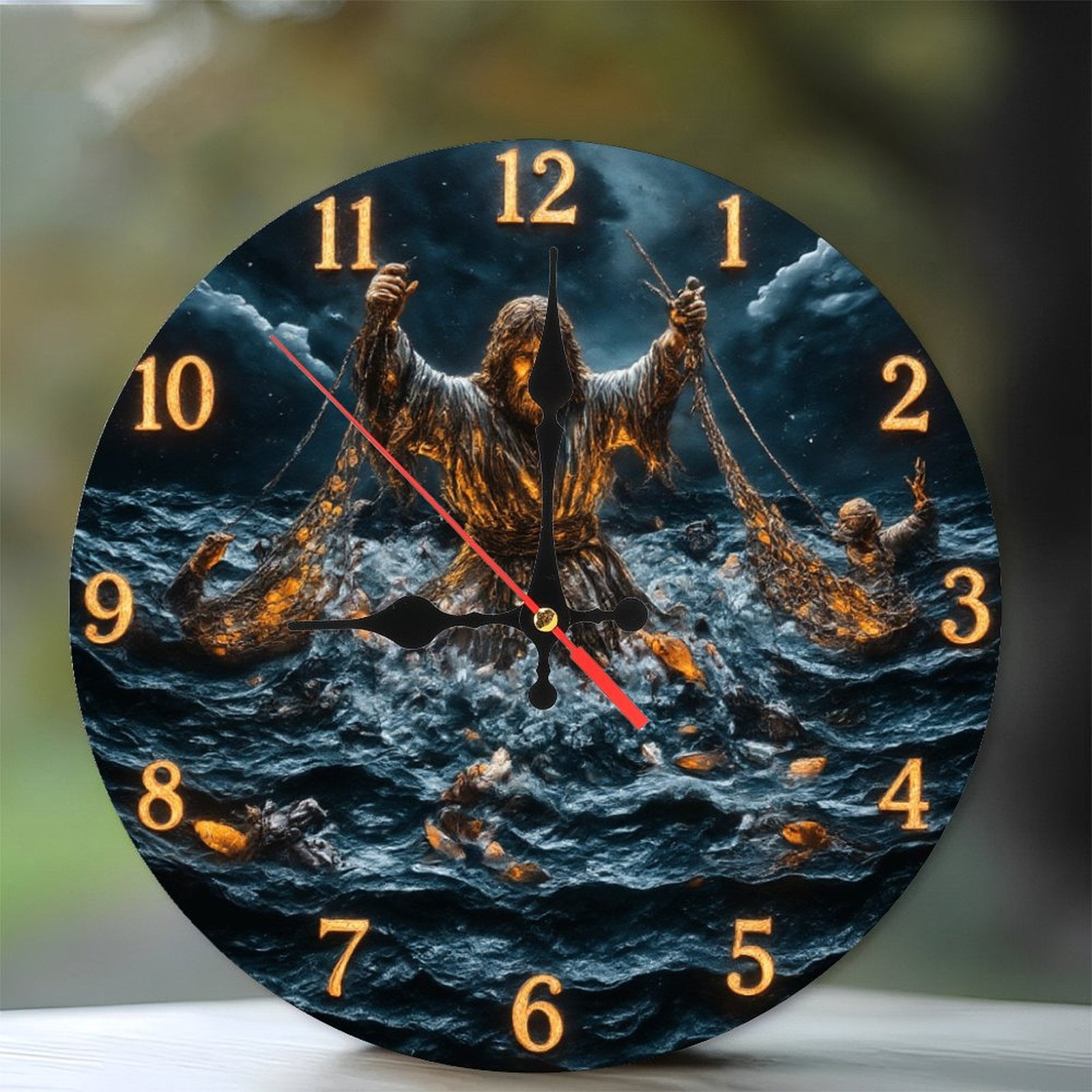 Golden Jesus Clock Wall Art Ocean Storm Divine Savior 10-Inch Silent ...