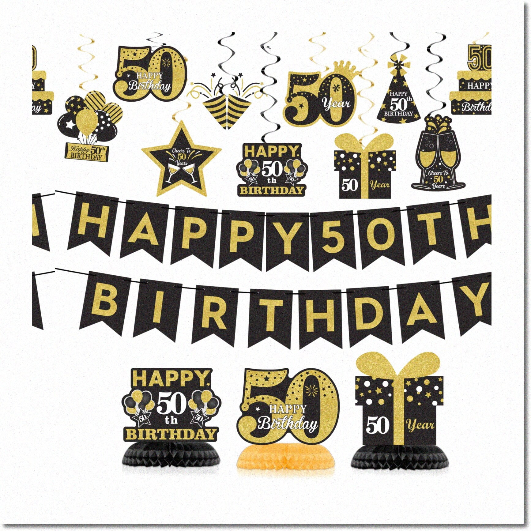 Golden Jubilee Celebration Kit: Glitter Black Gold Birthday Bash - Swirls, Banners, Honeycomb ...