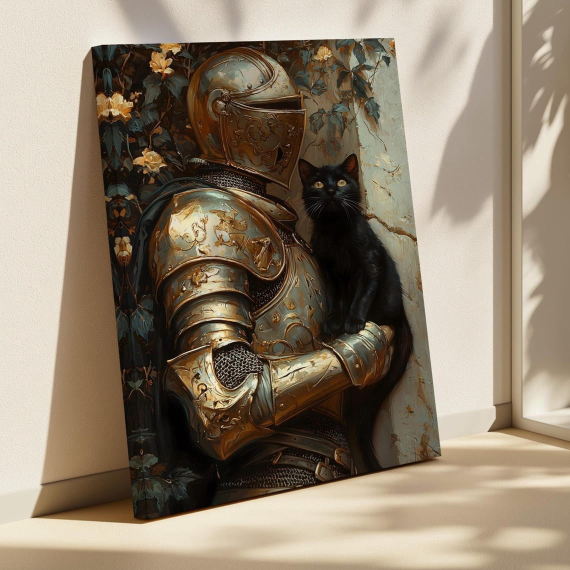 Golden Knight With Black Cat Art – Medieval Fantasy Print, Whimsical ...