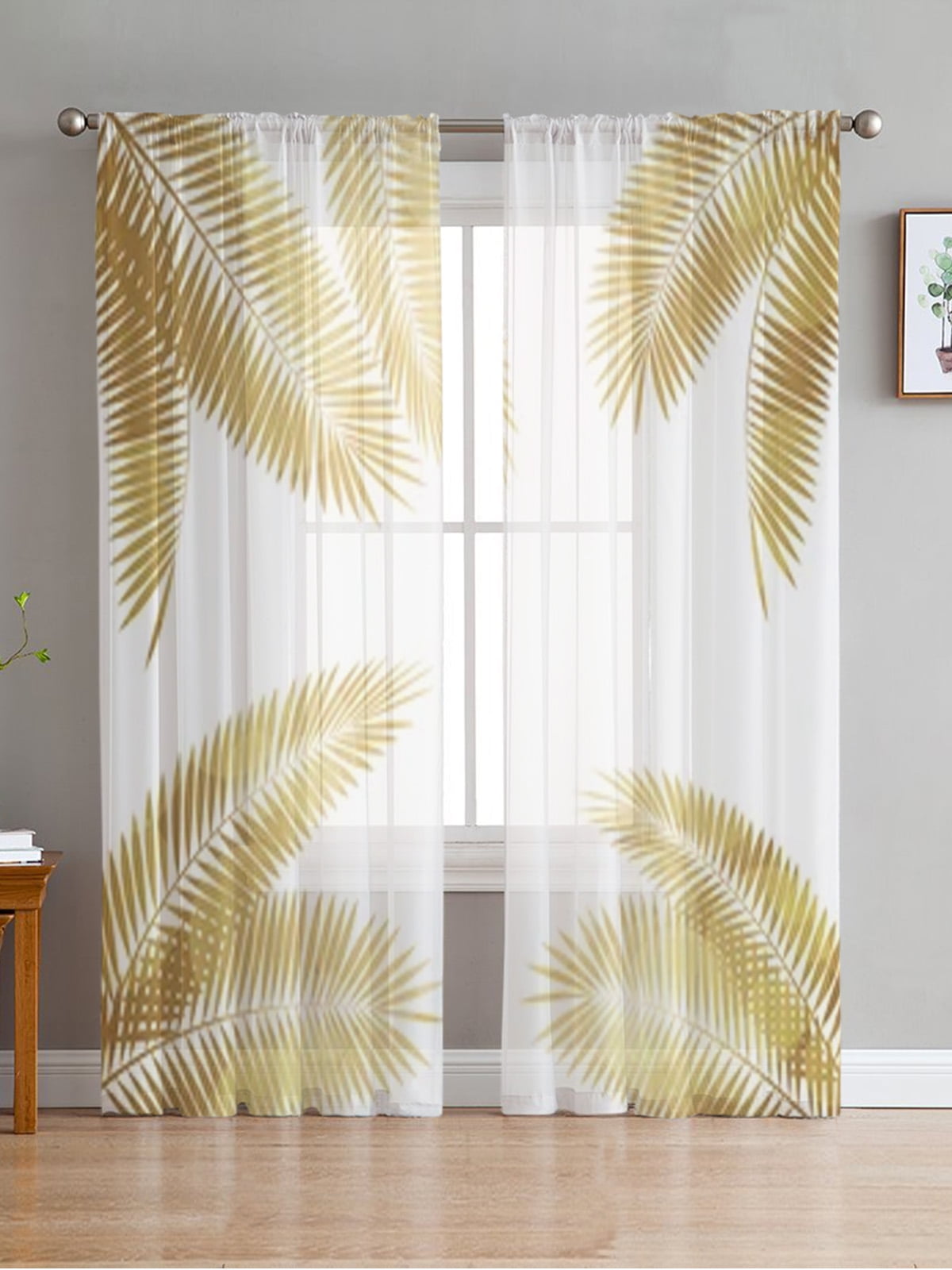 Golden Leaves Black Background Chiffon Sheer Curtains for Living Room ...