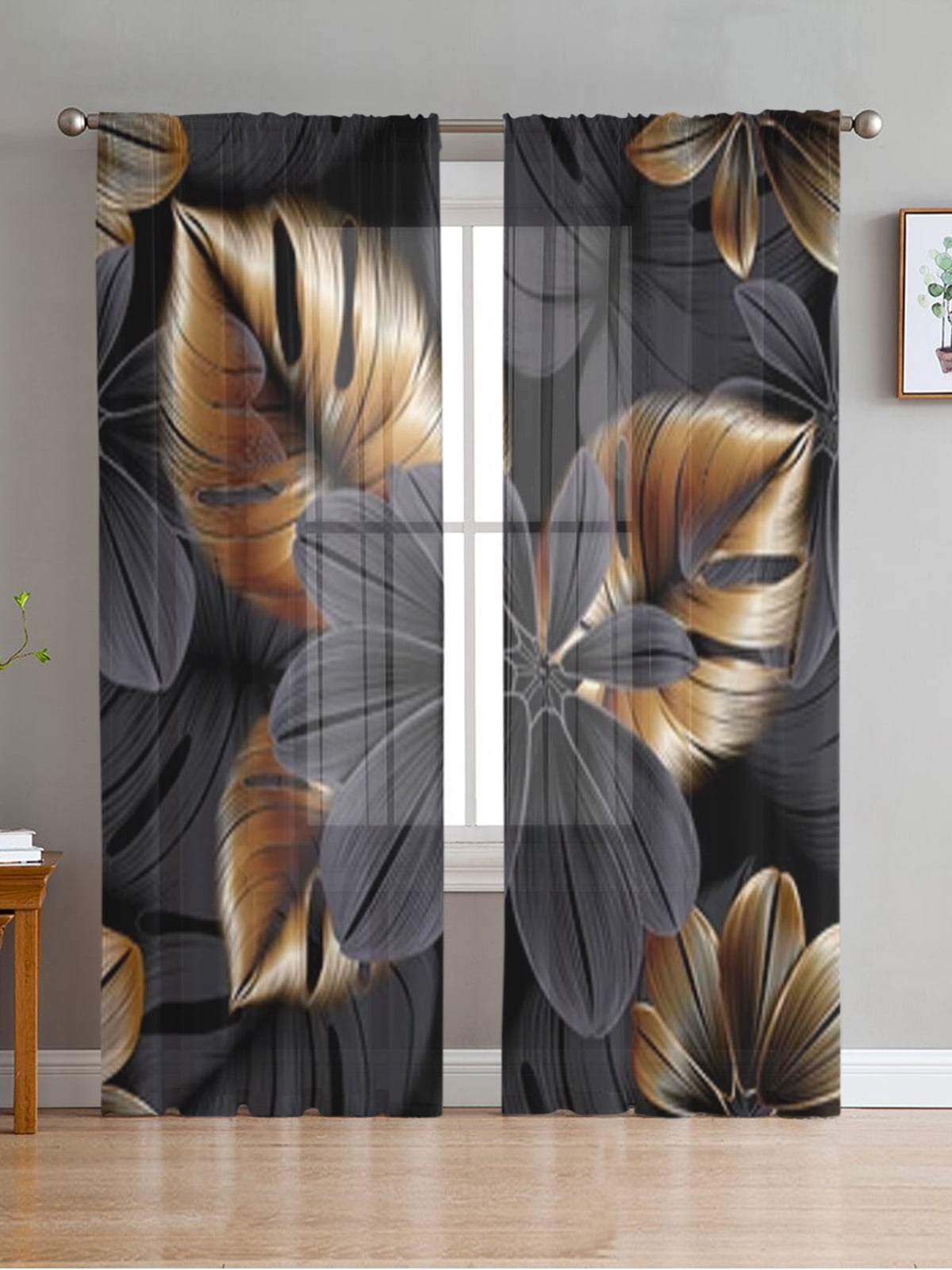 Golden Leaves Black Background Chiffon Sheer Curtains for Living Room ...