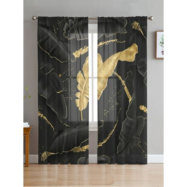 Golden Leaves Black Background Chiffon Sheer Curtains for Living Room ...
