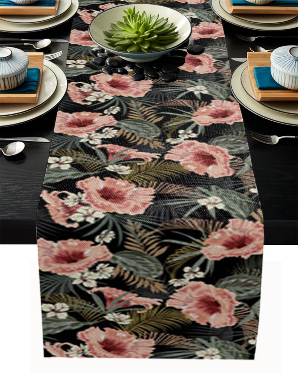 Golden Leaves Black Background Table Runner for Dining Table Wedding ...