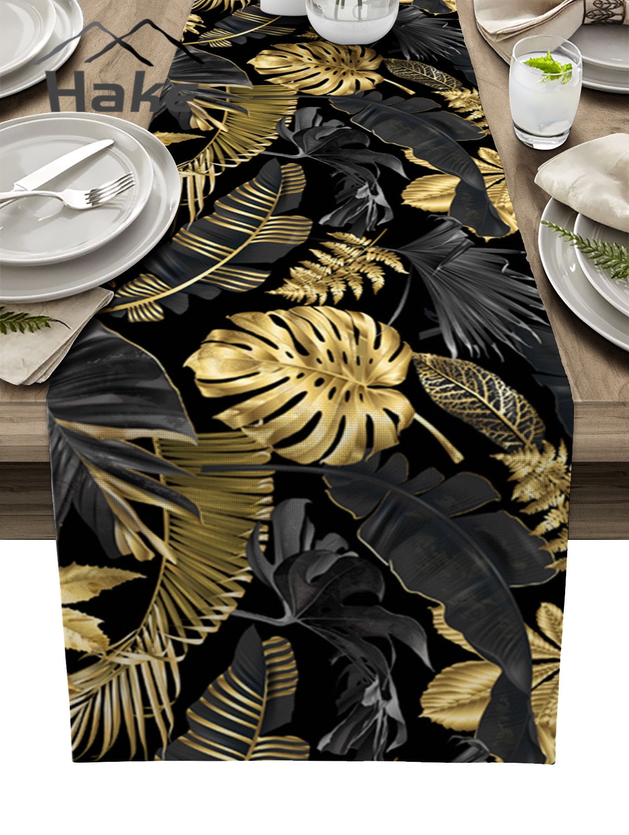 Golden Leaves Black Background Table Runner for Dining Table Wedding ...