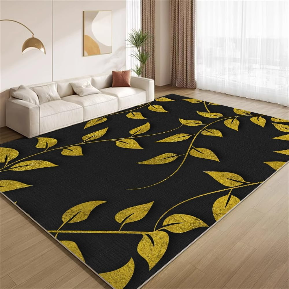 Golden Leaves Plant Rugs Vintage Low Pile Area Rug Simple Dark Grey ...