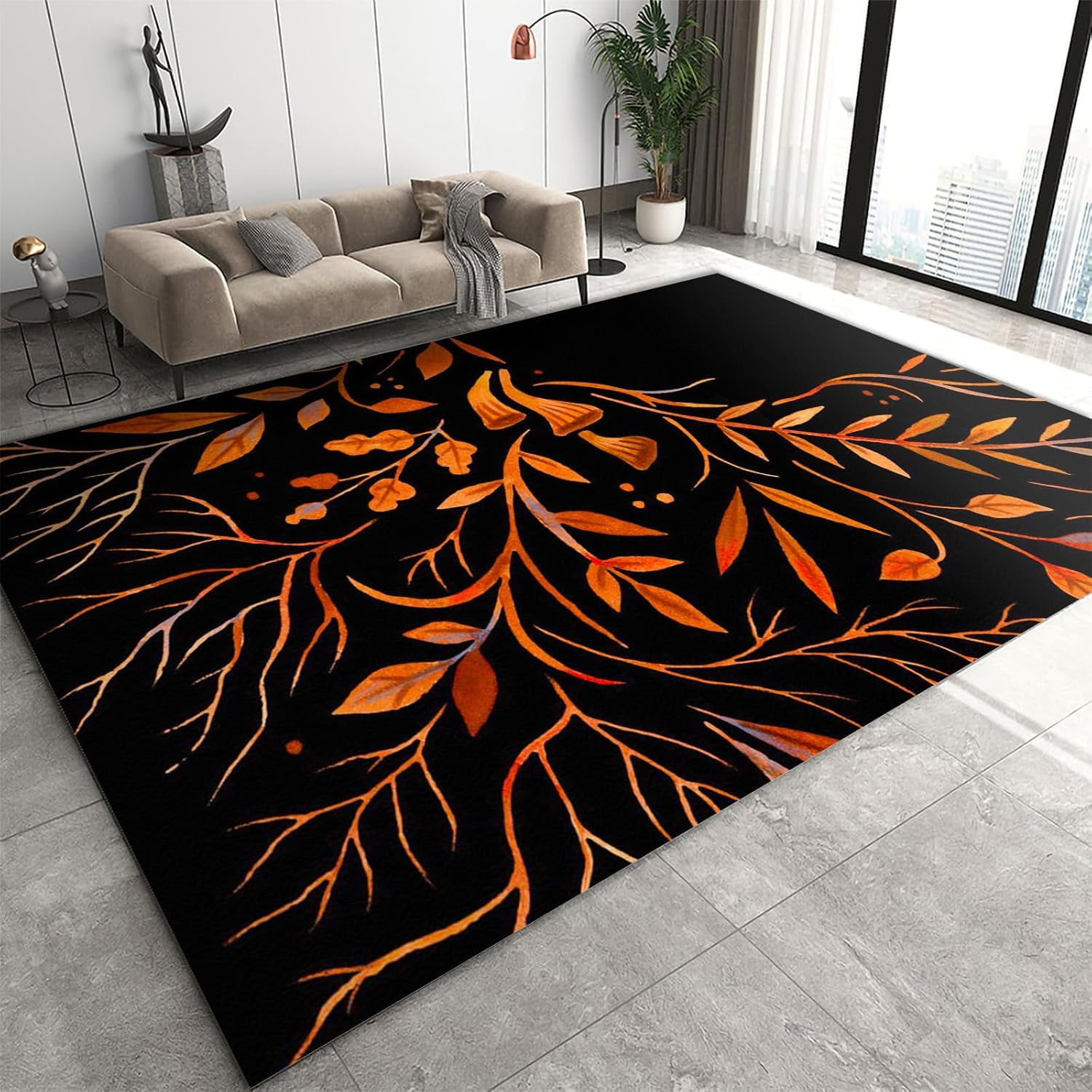 Golden Leaves Rug, Simple Black Rugs for Bedroom, Easy Clean Rug Non ...