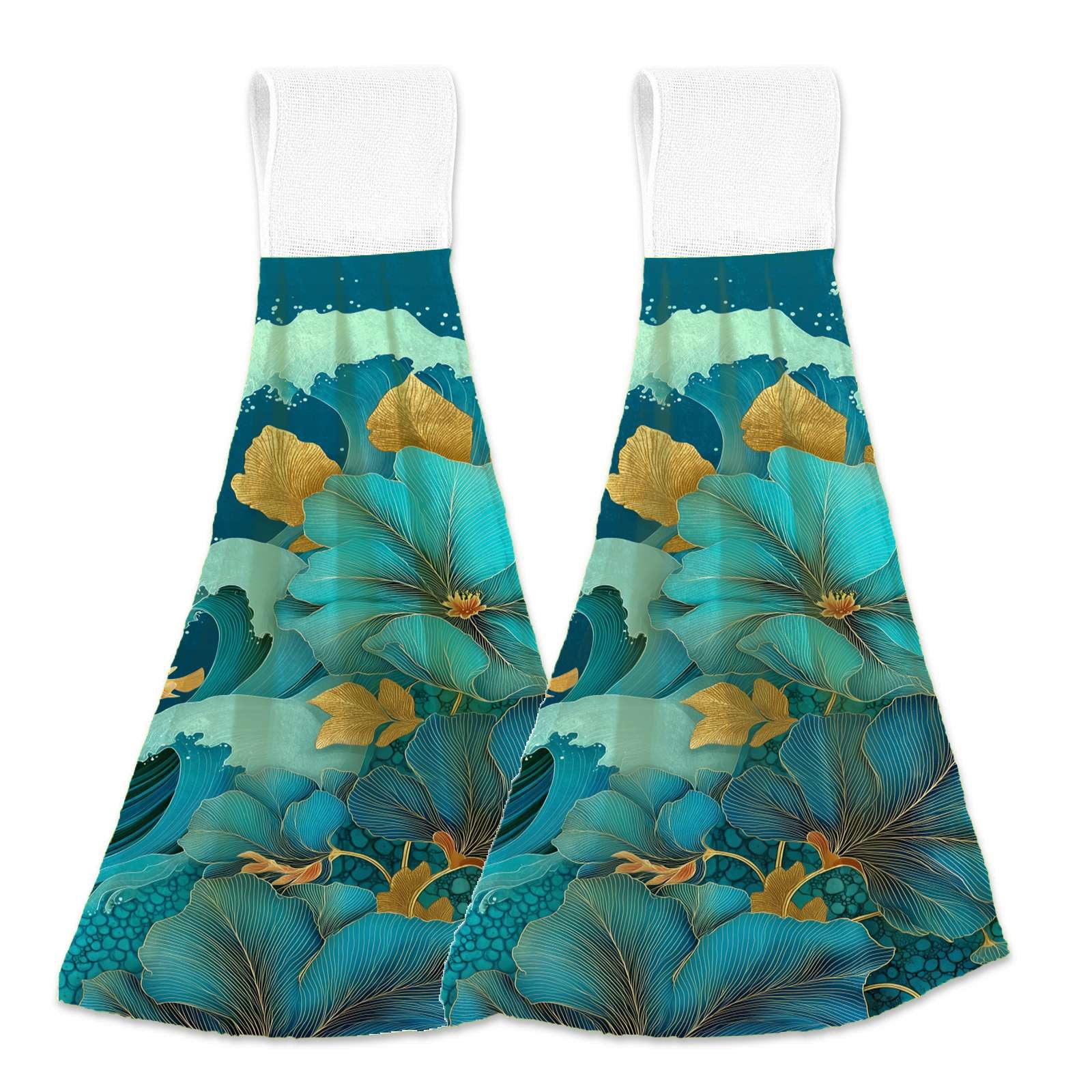 Golden Leaves and Blue Waves Hanging Kitchen Hand Towels Sets with Loop ...