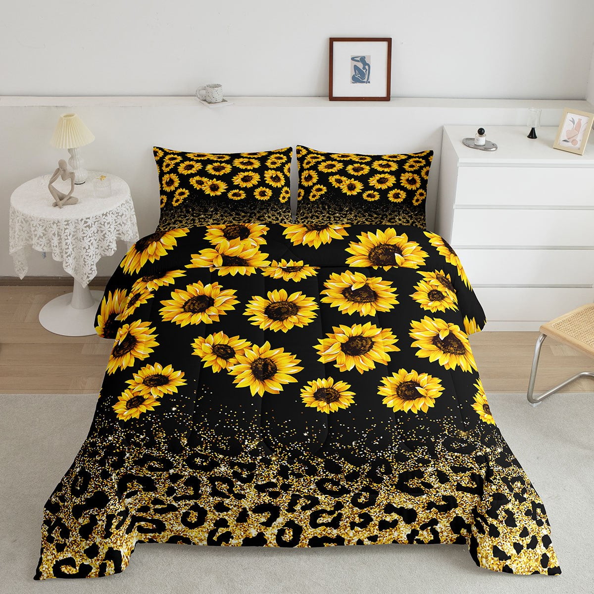 Golden Leopard Print Bedding Set Sunflower Comforter Set Full ,Bohemian ...