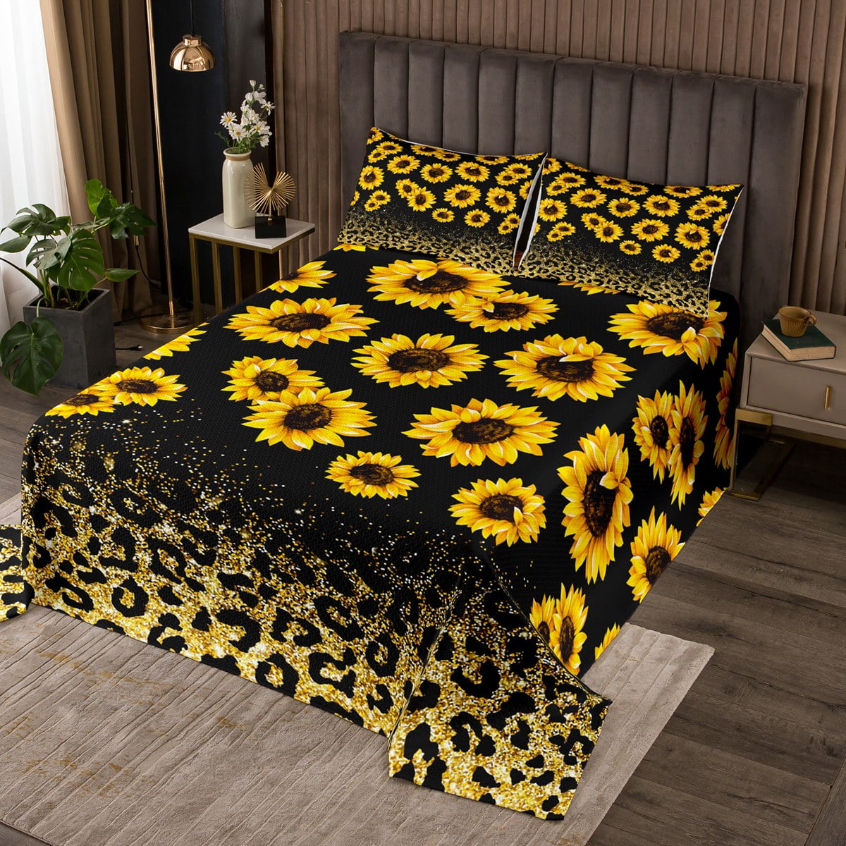 Golden Leopard Print Bedspread Set Sunflower Quilt Set King for Boys ...
