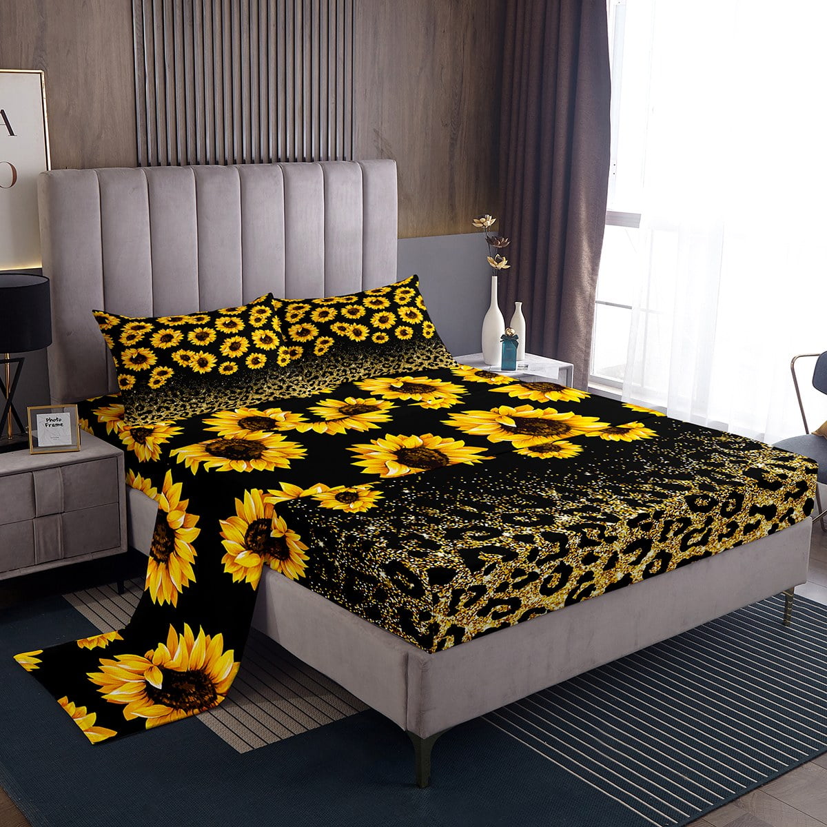 Golden Leopard Print Sheet Set Sunflower Bed Sheets Set Queen,Bohemian ...