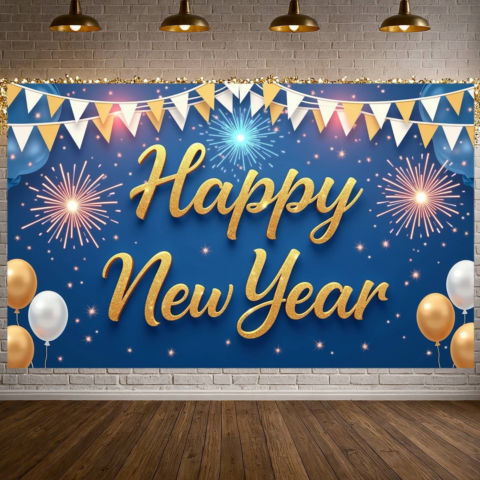Golden Letters Happy New Year Banner Fireworks Design New Year Banner ...
