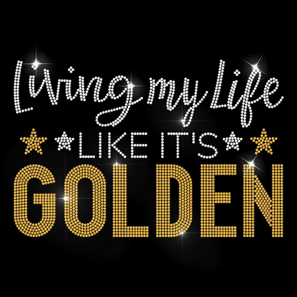 Golden Life Iron on Rhinestone Decal Inspirational Text Hotfix Transfer ...
