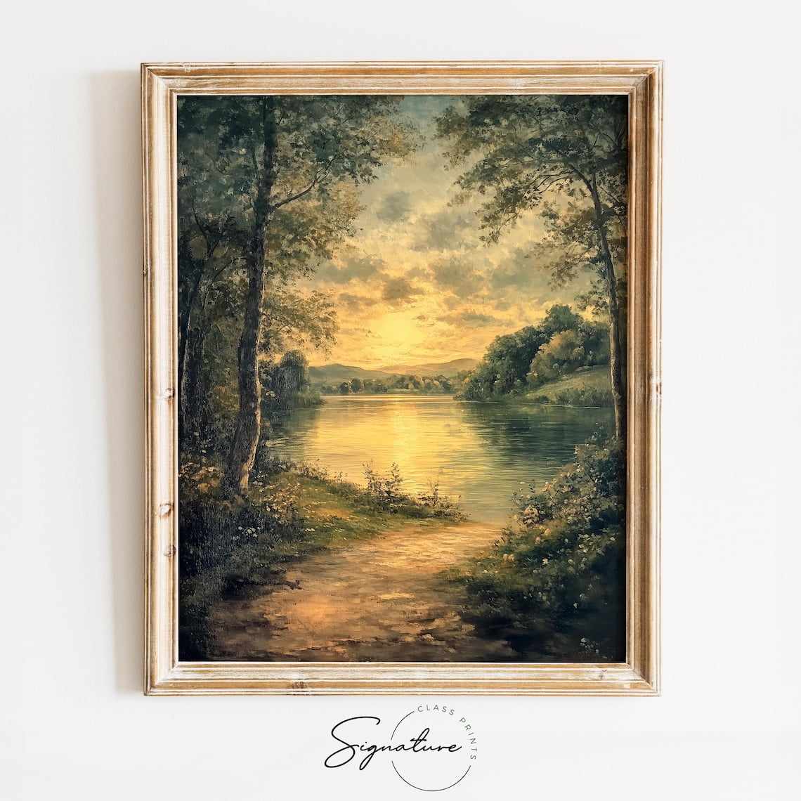 Golden Light On A Peaceful River, Serene Rustic Landscape Art ...