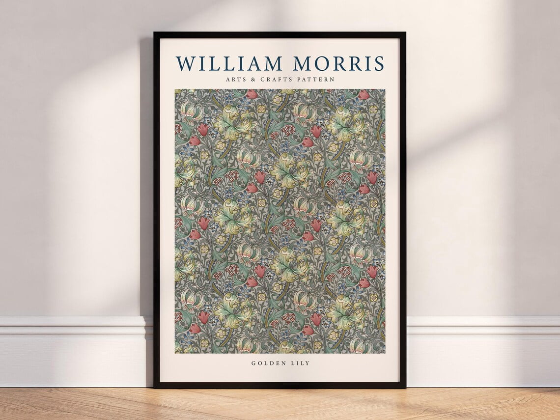 Golden Lily Pattern William Morris Style Floral V2, Stretched Canvas ...
