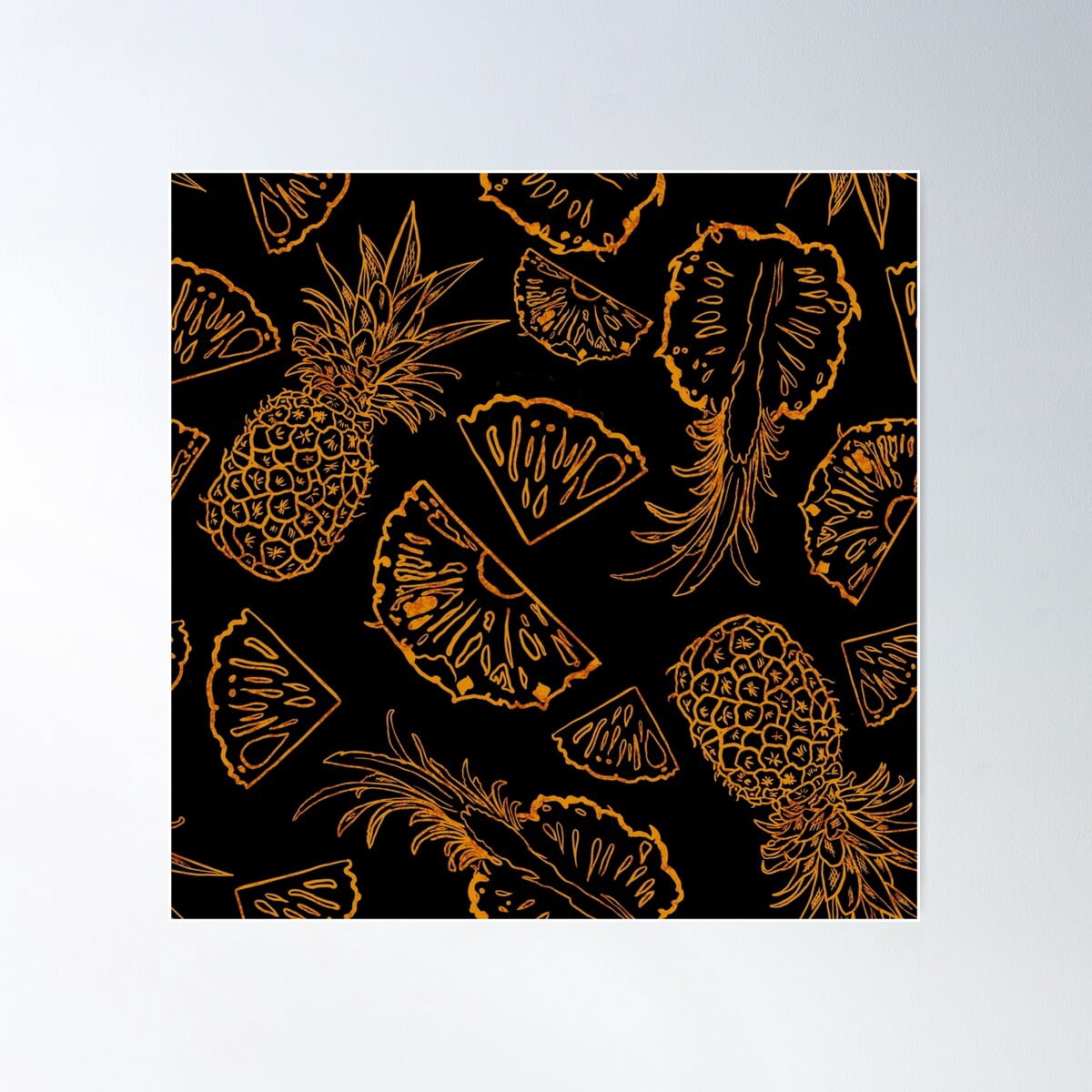 Golden Line Drawn Pineapple Shapes And Slices On Black Poster Wall Art ...