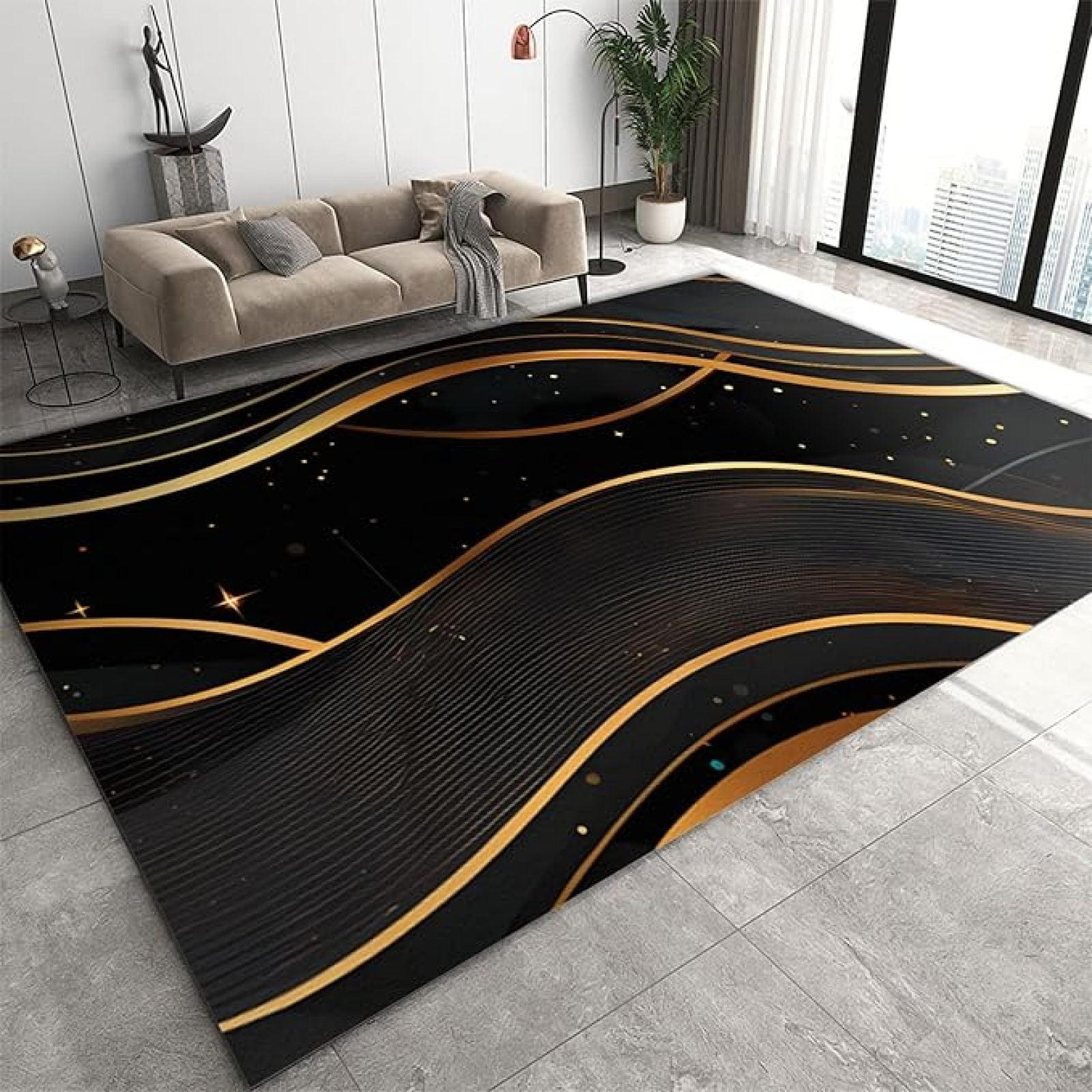 Golden Line Texture Area Rug, Shiny Dreamy Stars Rugs Floor Carpet ...
