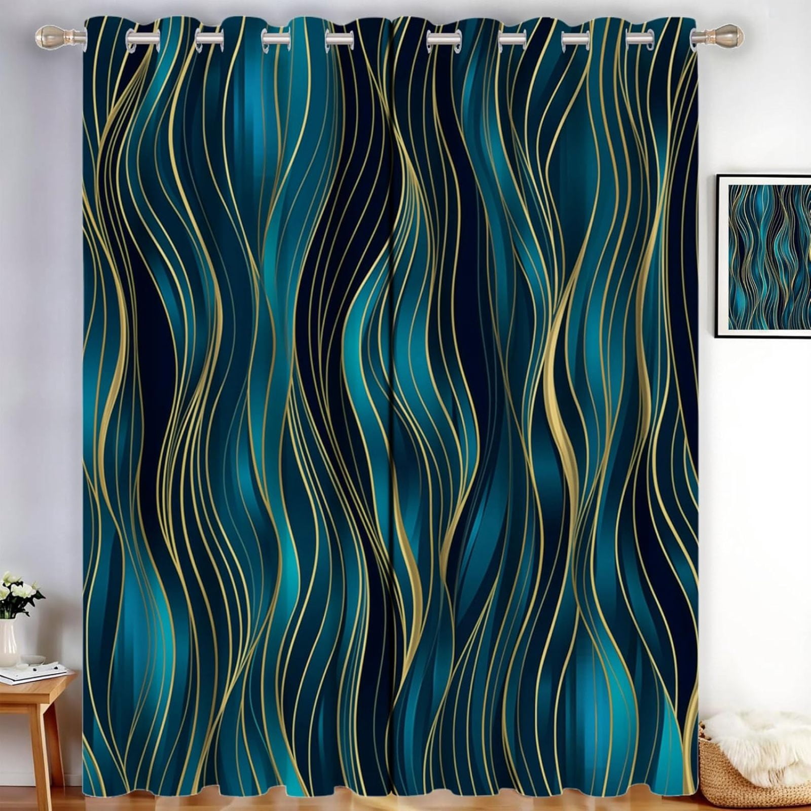 Golden Lines Blackout Curtains For Living Room Interwoven Wavy ...