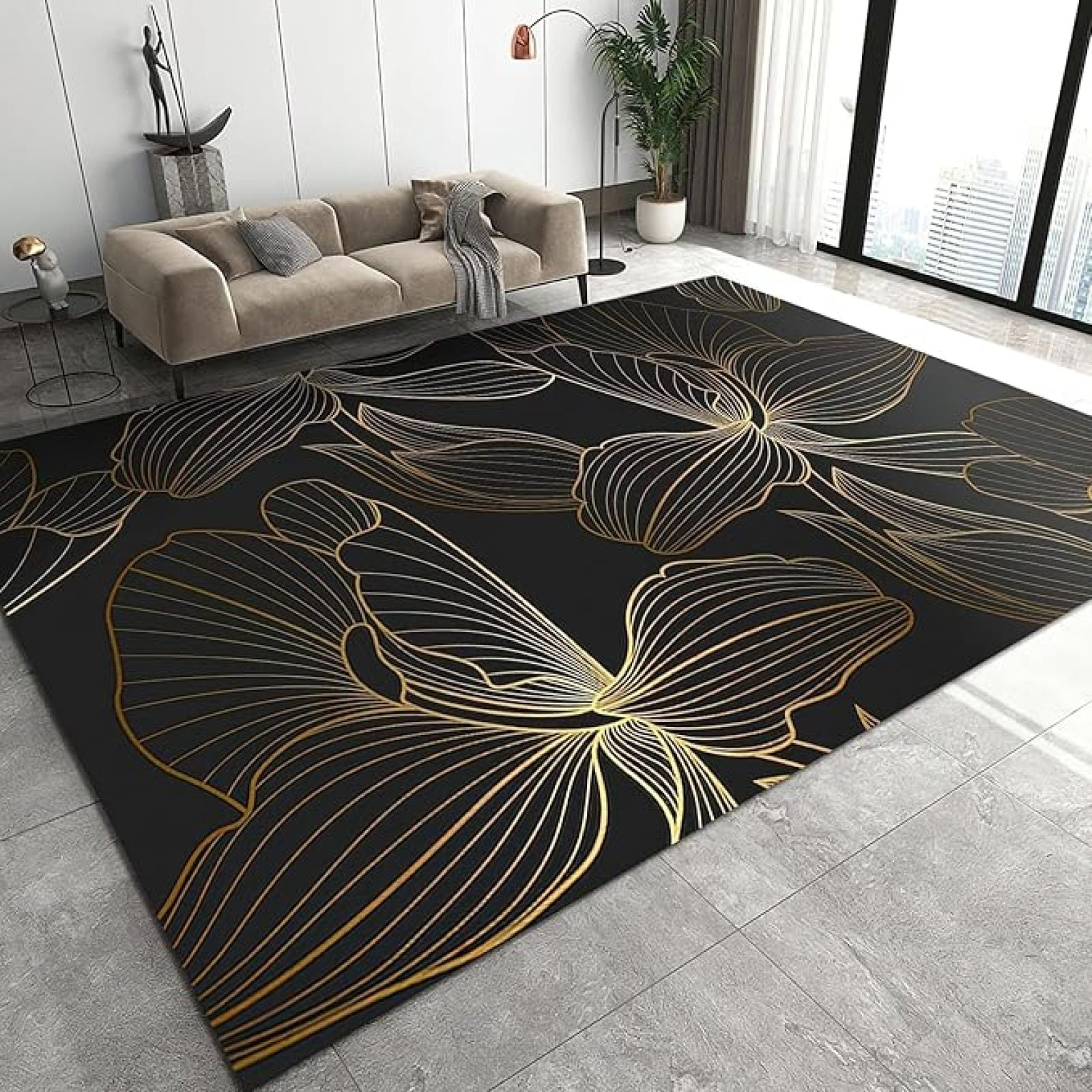 Golden Lines Leaves Area Rug, Luxury Floral Silhouette Non Slip Print ...