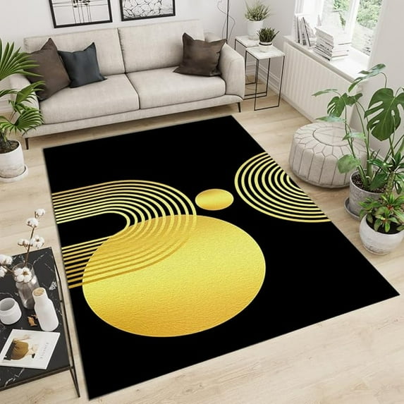 Golden Lines Sun Large Area Rug, Black Background Non Slip Stain ...