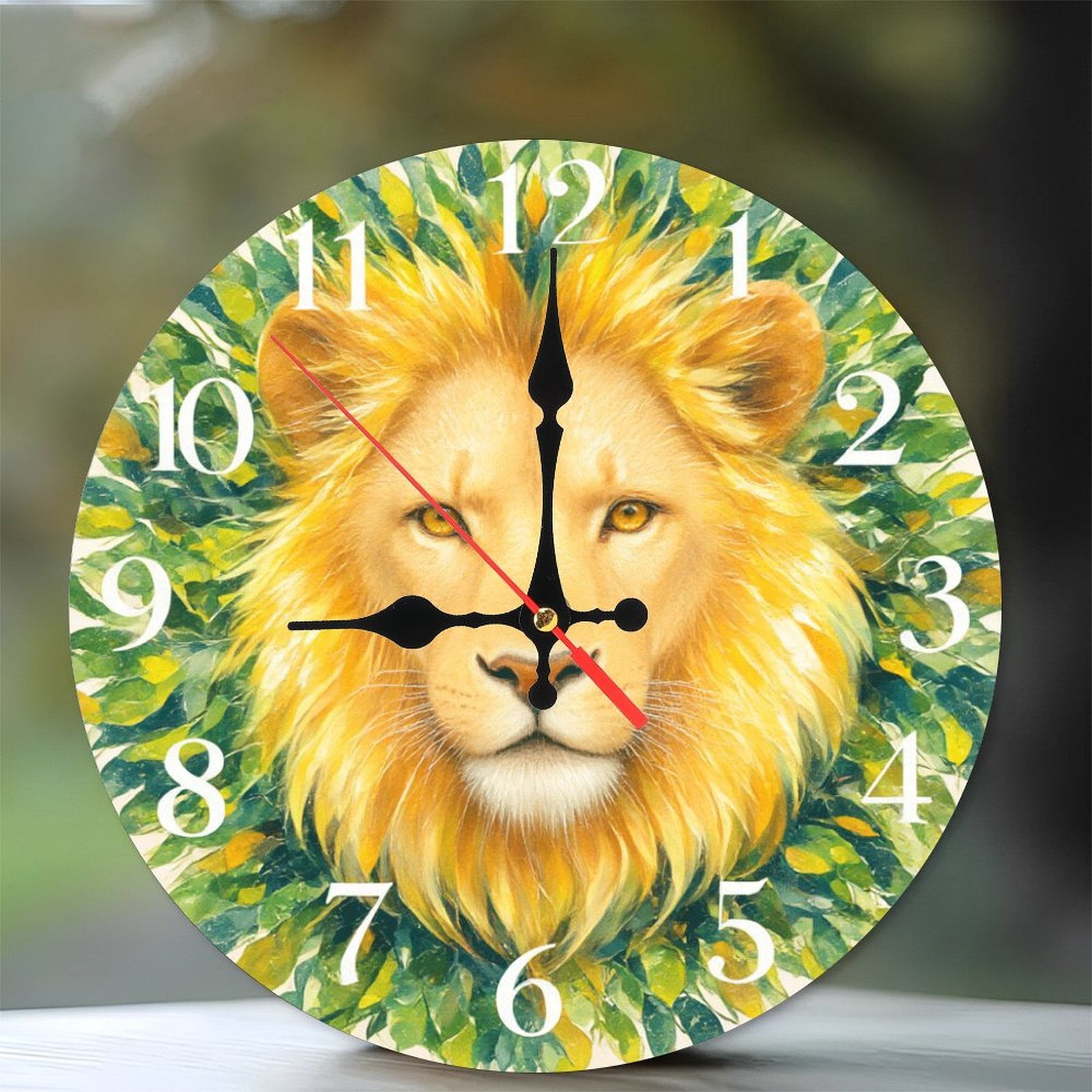 Golden Lion Wall Clock Jungle Leaves Animal Decor 10-Inch Silent Wooden ...