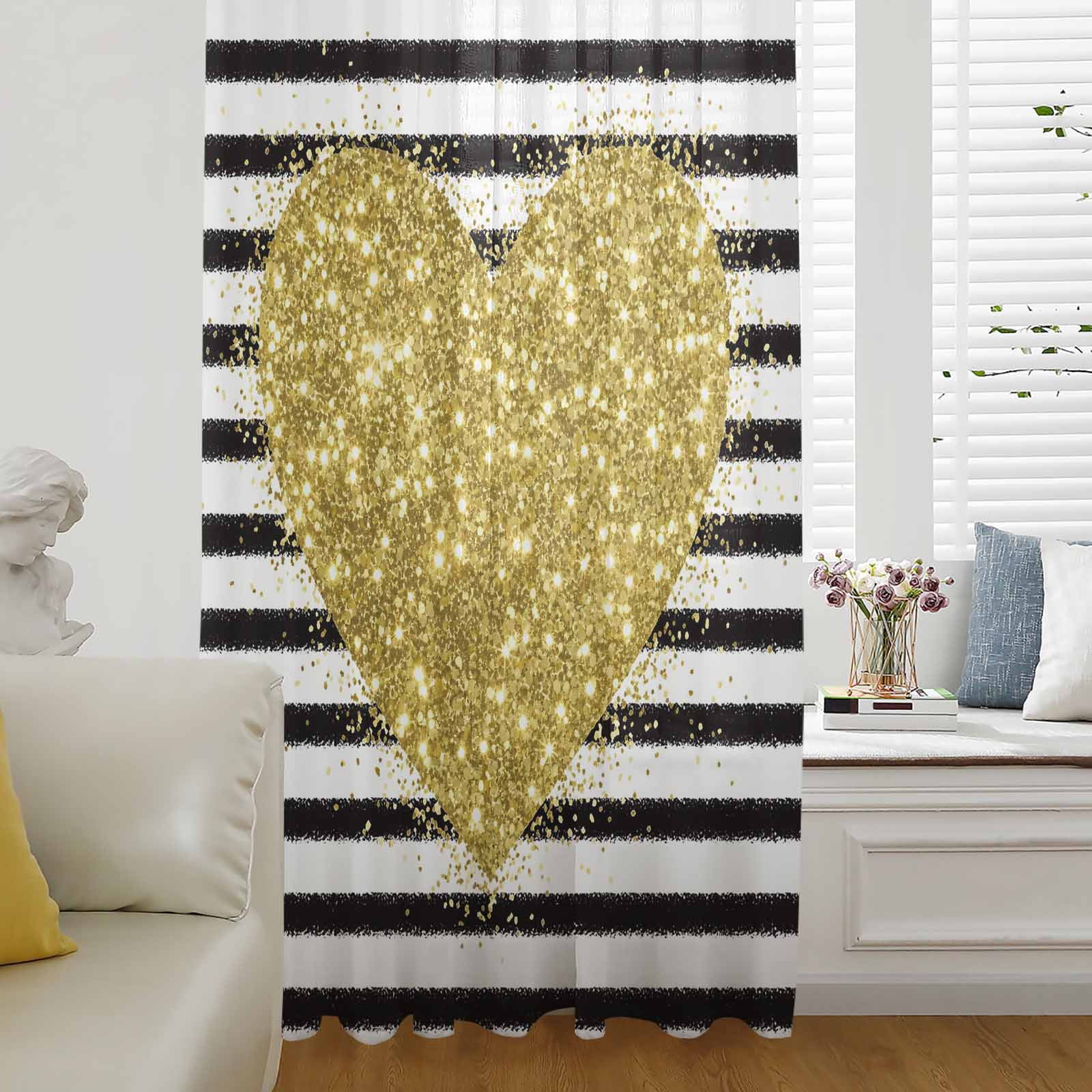 Golden Love Semi Sheer Curtains Drapes for Living Room, Bedroom, French ...