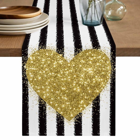 Golden Love Table Runner 108 Inches, Valentine's Day Heart Stripes ...