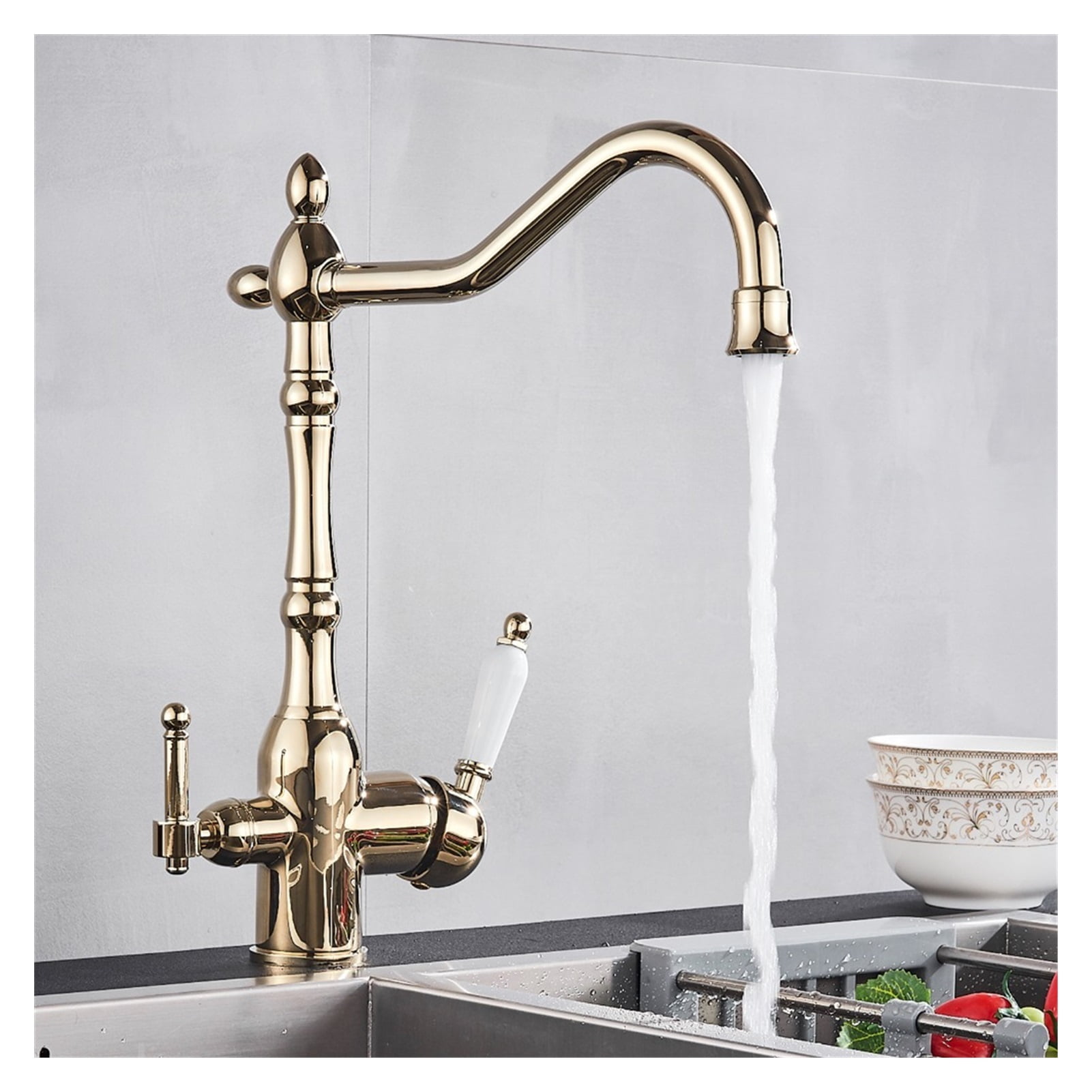 Golden Luxury Kitchen Pure Water Sink Faucet Two Ceramic Handles Water ...