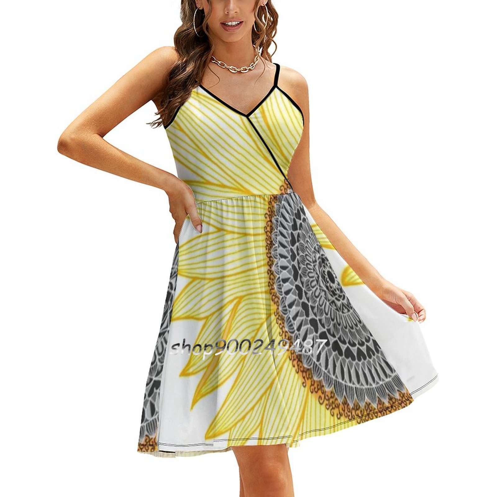 Golden Mandala Sunflower Flare Dress Square Neck Dress Elegant Female ...