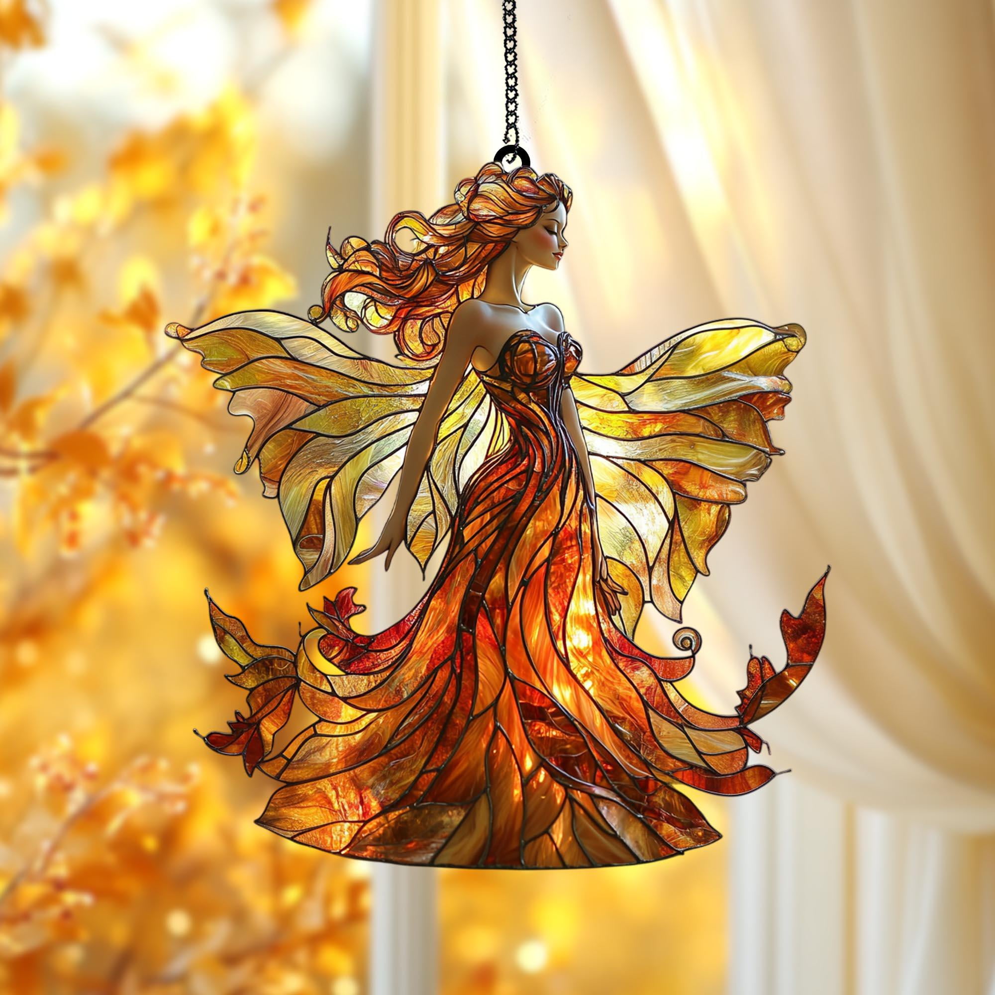 Golden Maple Fairy Acrylic Window Hanging – Faux Stained Glass ...