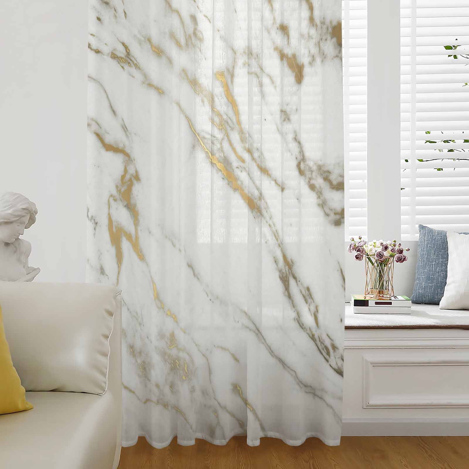 Golden Marble Semi Sheer Curtains Drapes for Living Room, Bedroom ...