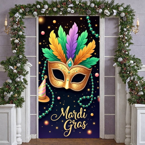 Golden Mask Mardi Gras Banner Colorful Feathers Carnival Display Purple ...