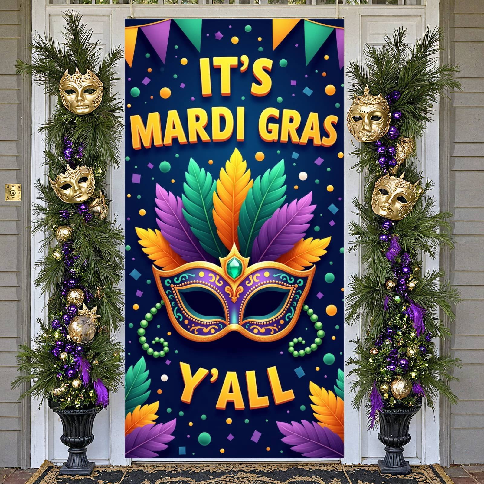 Golden Mask Mardi Gras Banner Green Yellow Feathers Carnival Display ...
