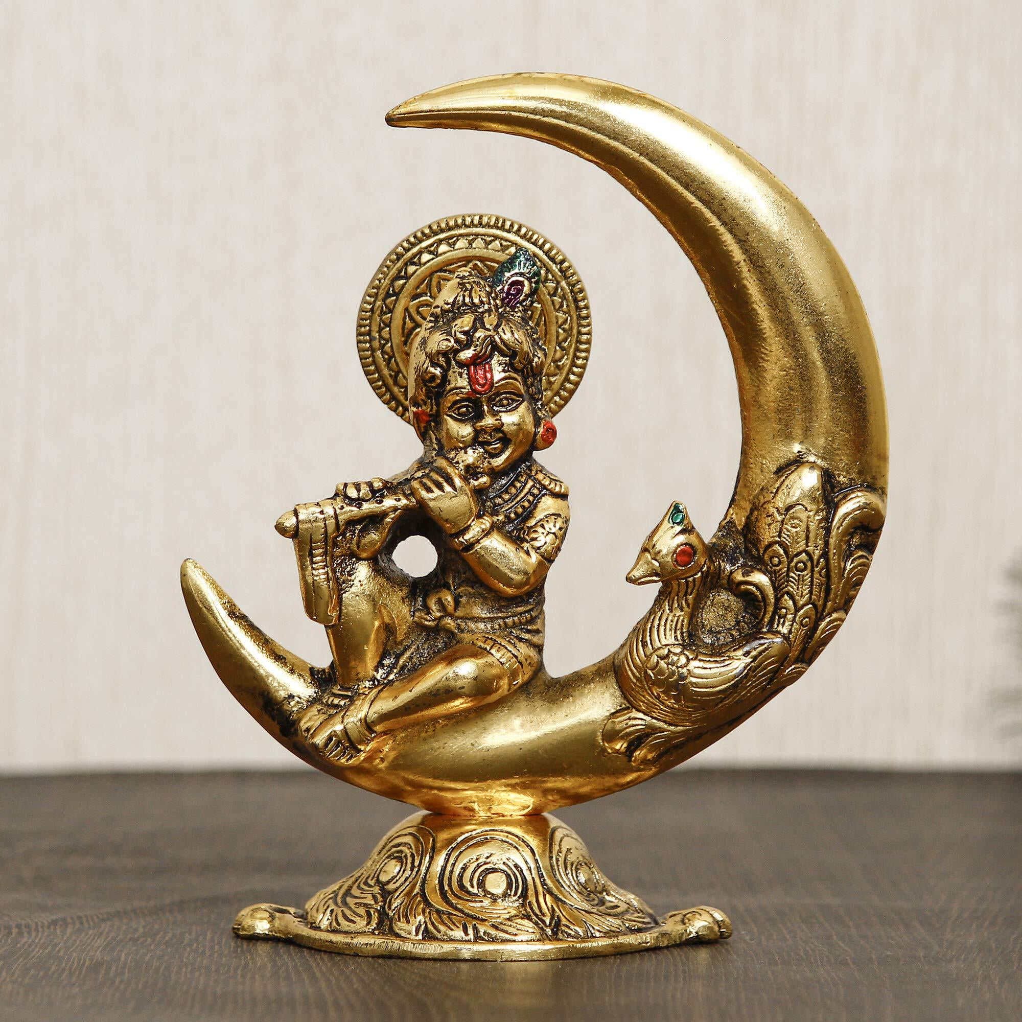Golden Metal Handcrafted Lord Krishna Idol Playing Flute and Sitting On ...