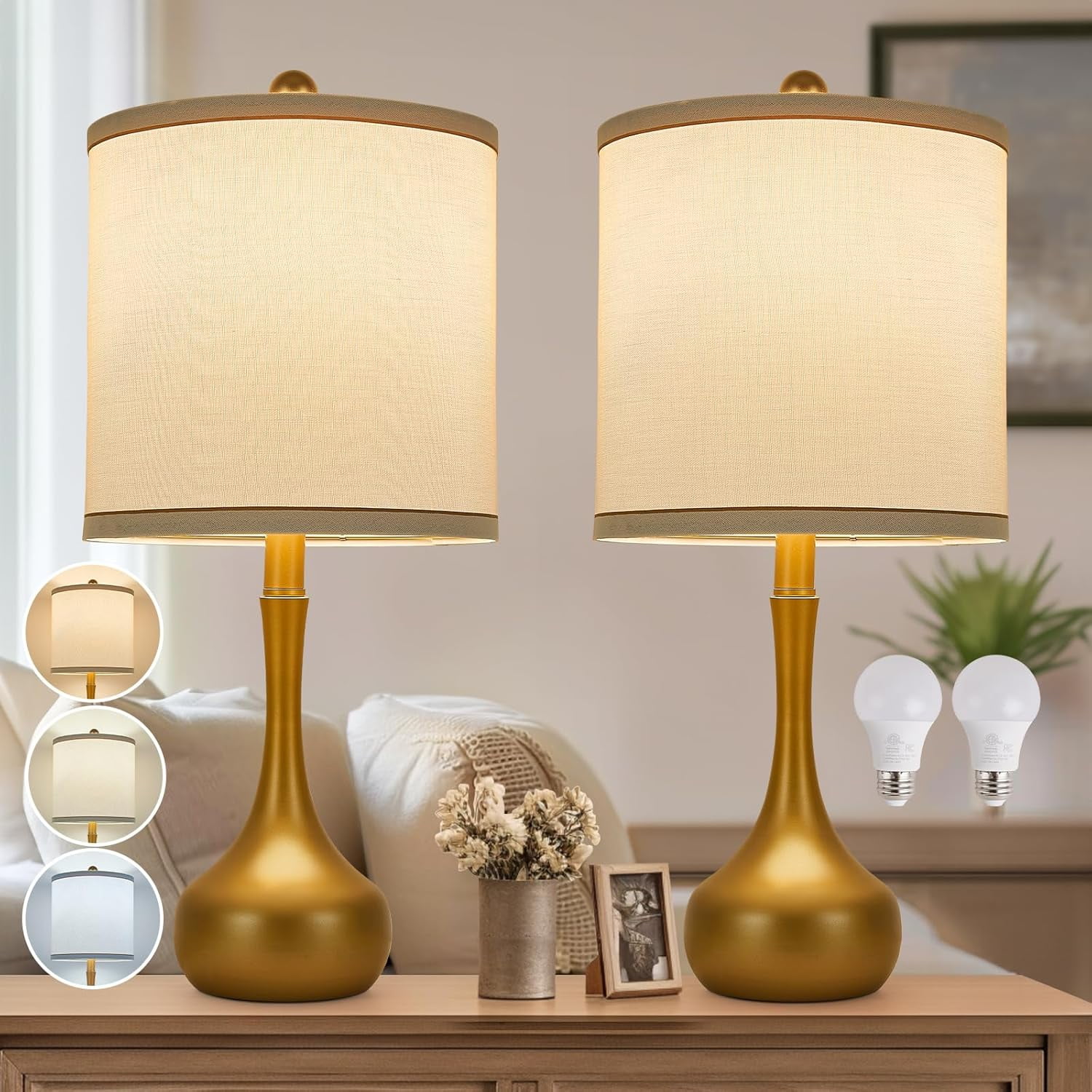 Golden Metal Modern Table Lamp Set of 2, Farmhouse Bedside Lamps for ...